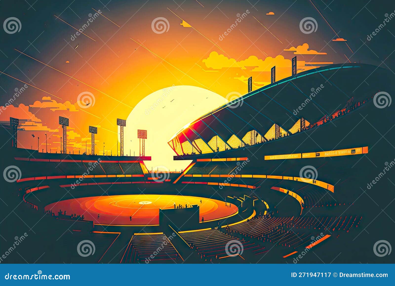 Large Outdoor Baseball Stadium with Setting Sun, Generative Ai Stock ...