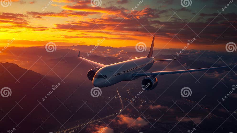 A Large Passenger Jet Flying through the Sky at Sunset Stock Photo ...