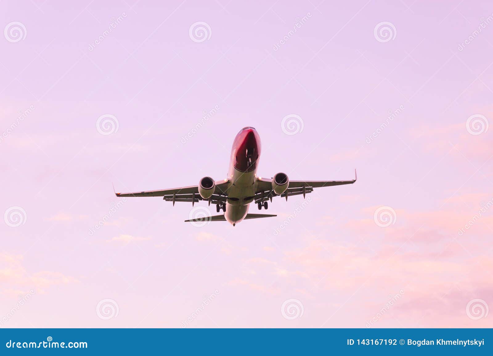 A Large Passenger Plane Takes Off Against a Pink Sky Stock Photo ...