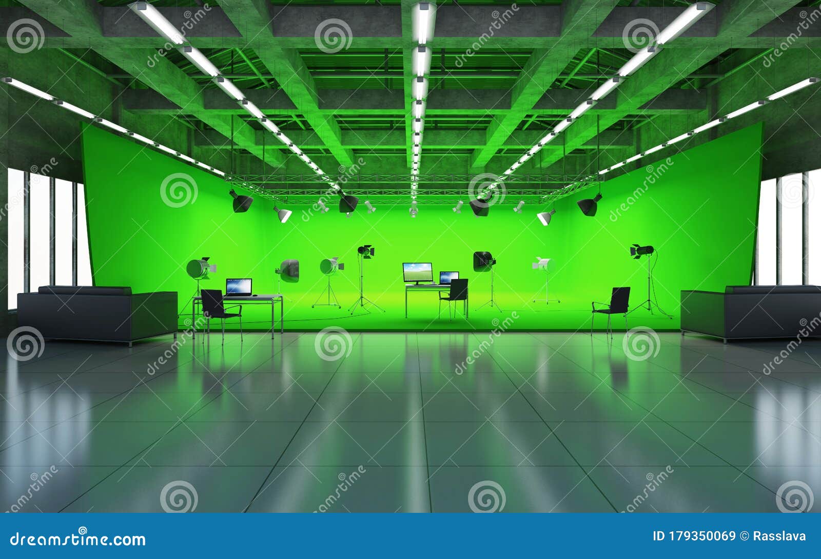Large Pavilion Interior of Modern Film Studio with Green Screen and ...