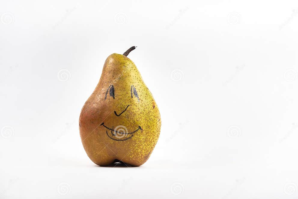A Large Pear with a Painted Smiley Face on a White Isolated Background ...