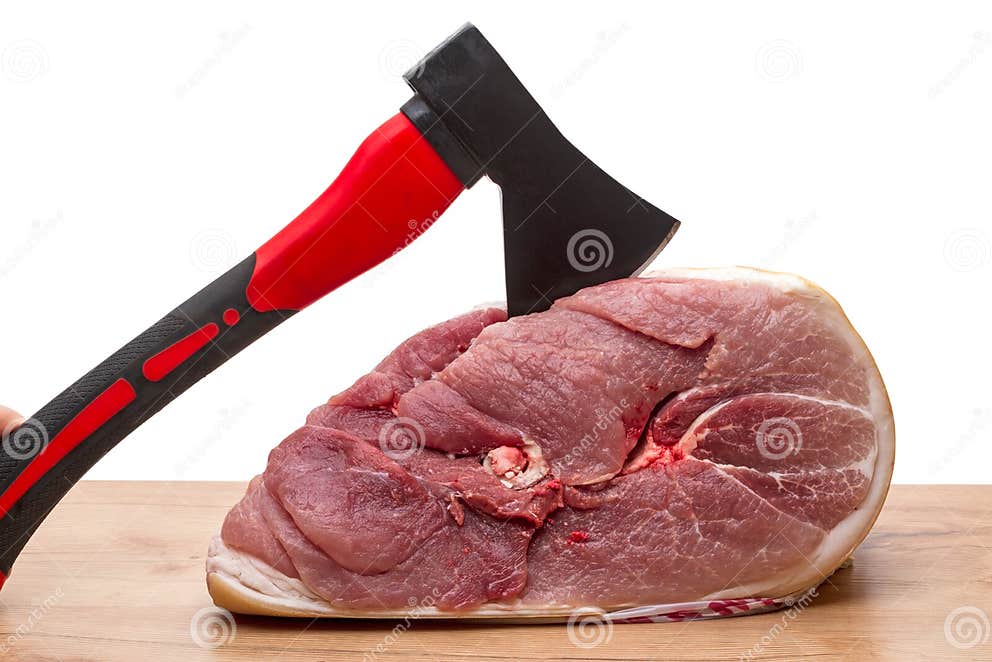 Large piece of meat and ax stock photo. Image of work - 79686048
