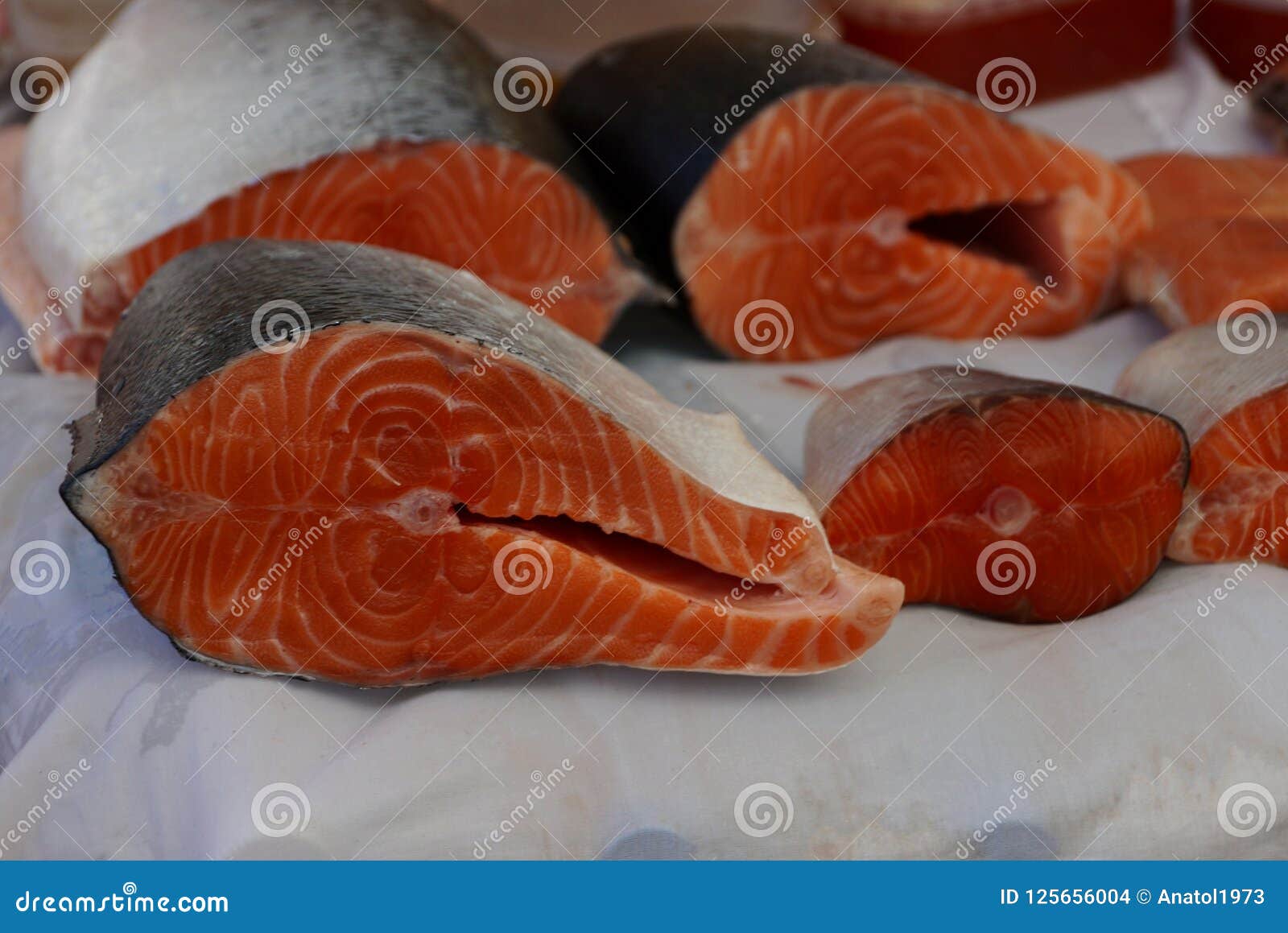 Pieces of Red Raw Sea Fish Meat on a Gray Table Stock Photo - Image of ...