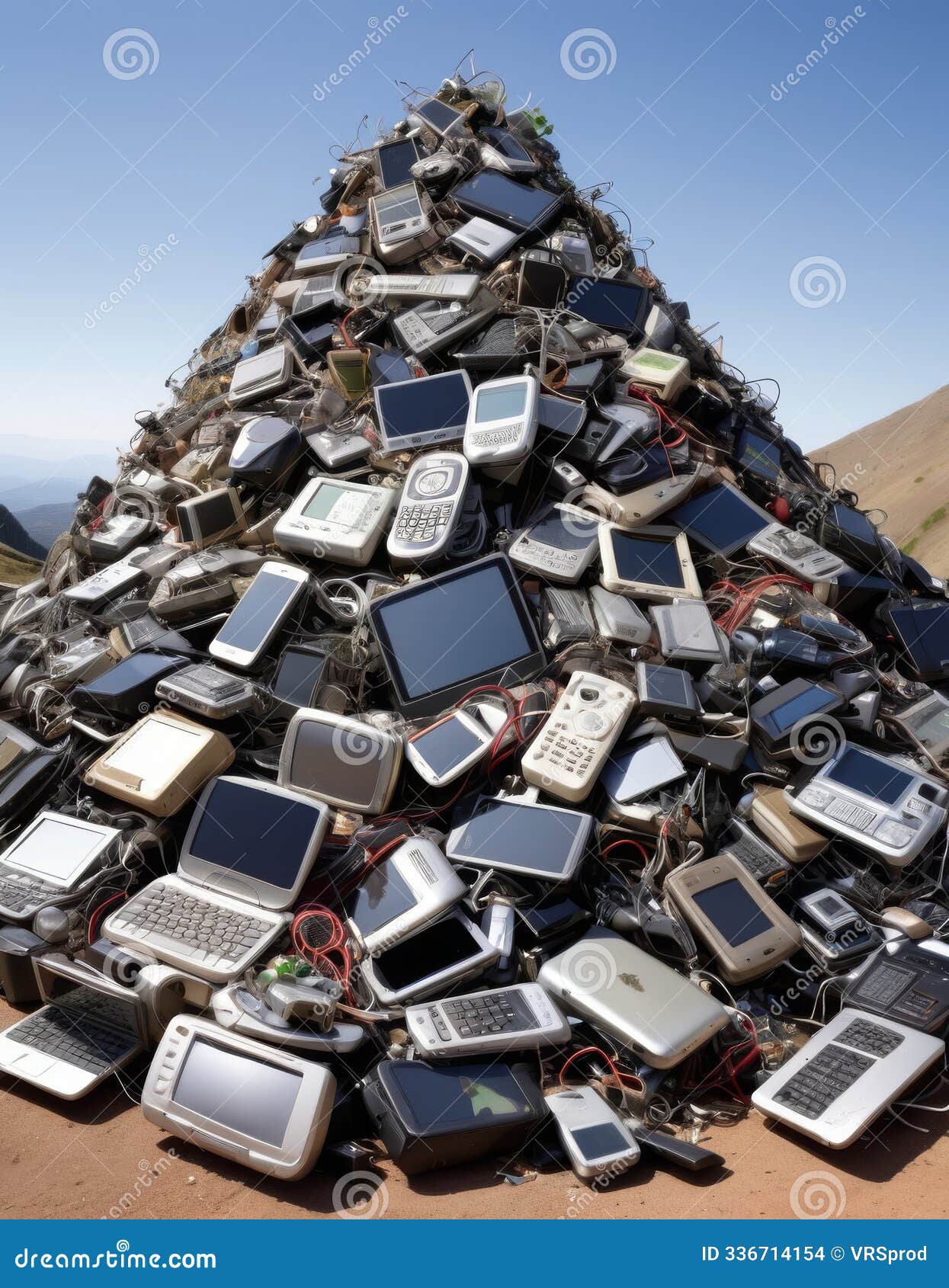 Large Pile of Discarded Electronic Devices Under a Clear Sky Stock ...