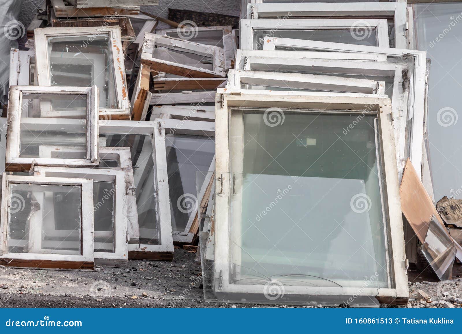 Large Pile of Old Windows with Frames is after Replacing New Windows in ...