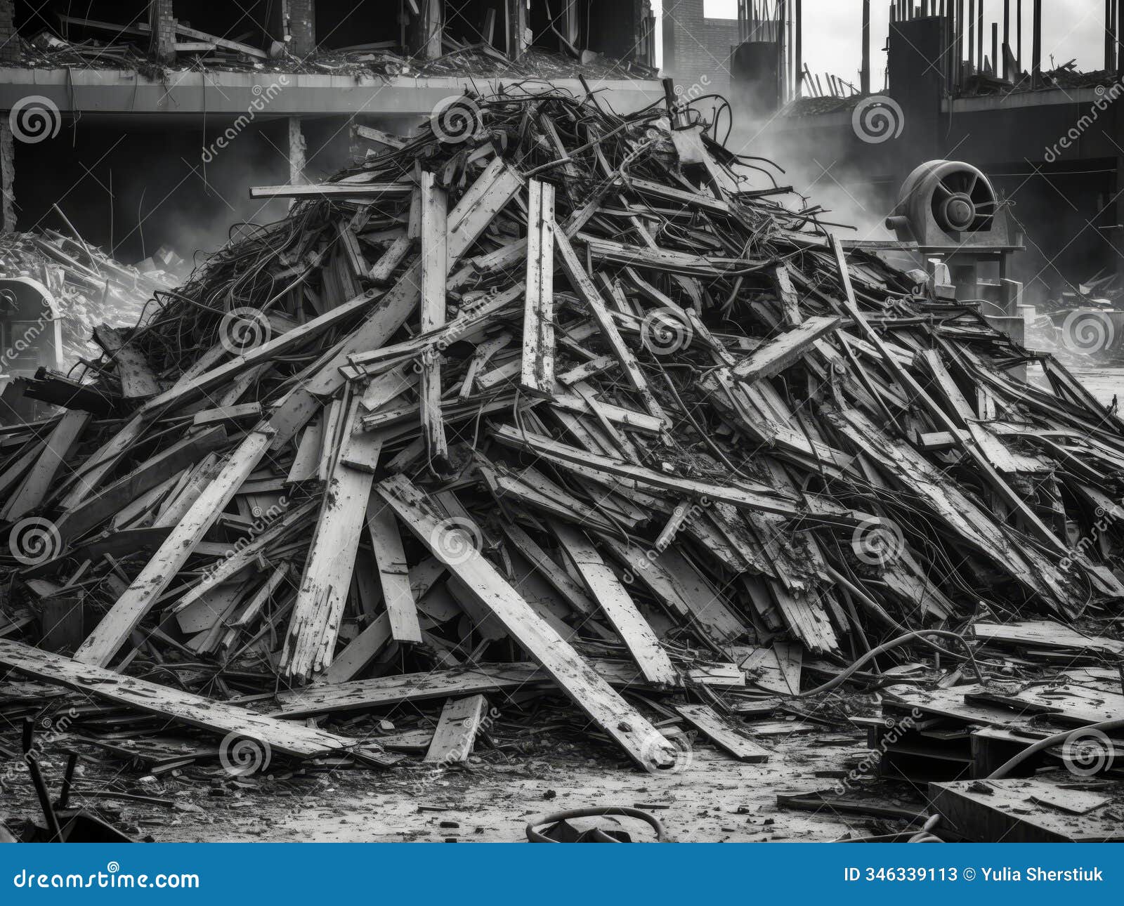A Large Pile Of Scrap Wood From A Demolished Building During The ...