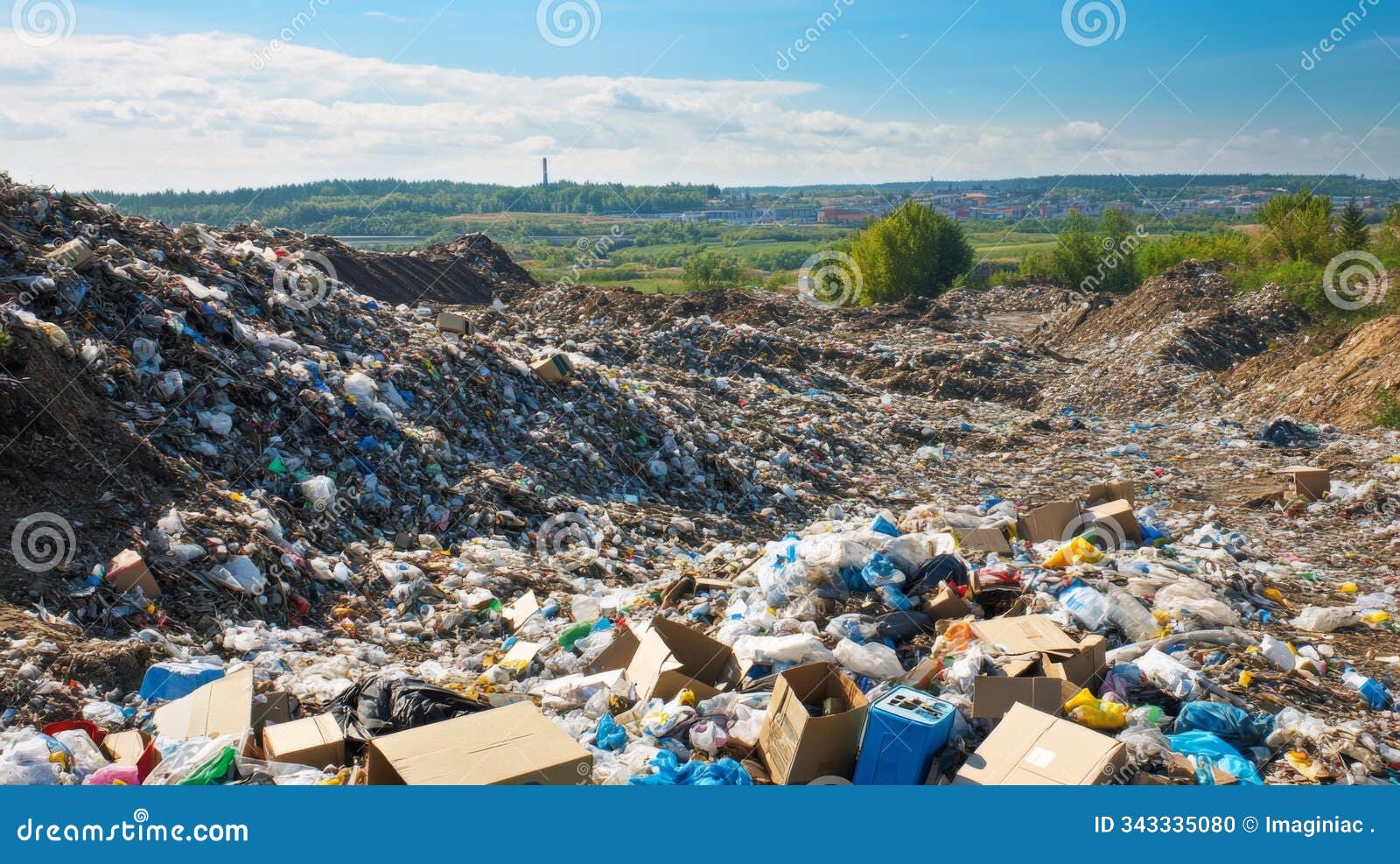 A Large Pile of Trash in a Landfill with a Town and Forest in the ...