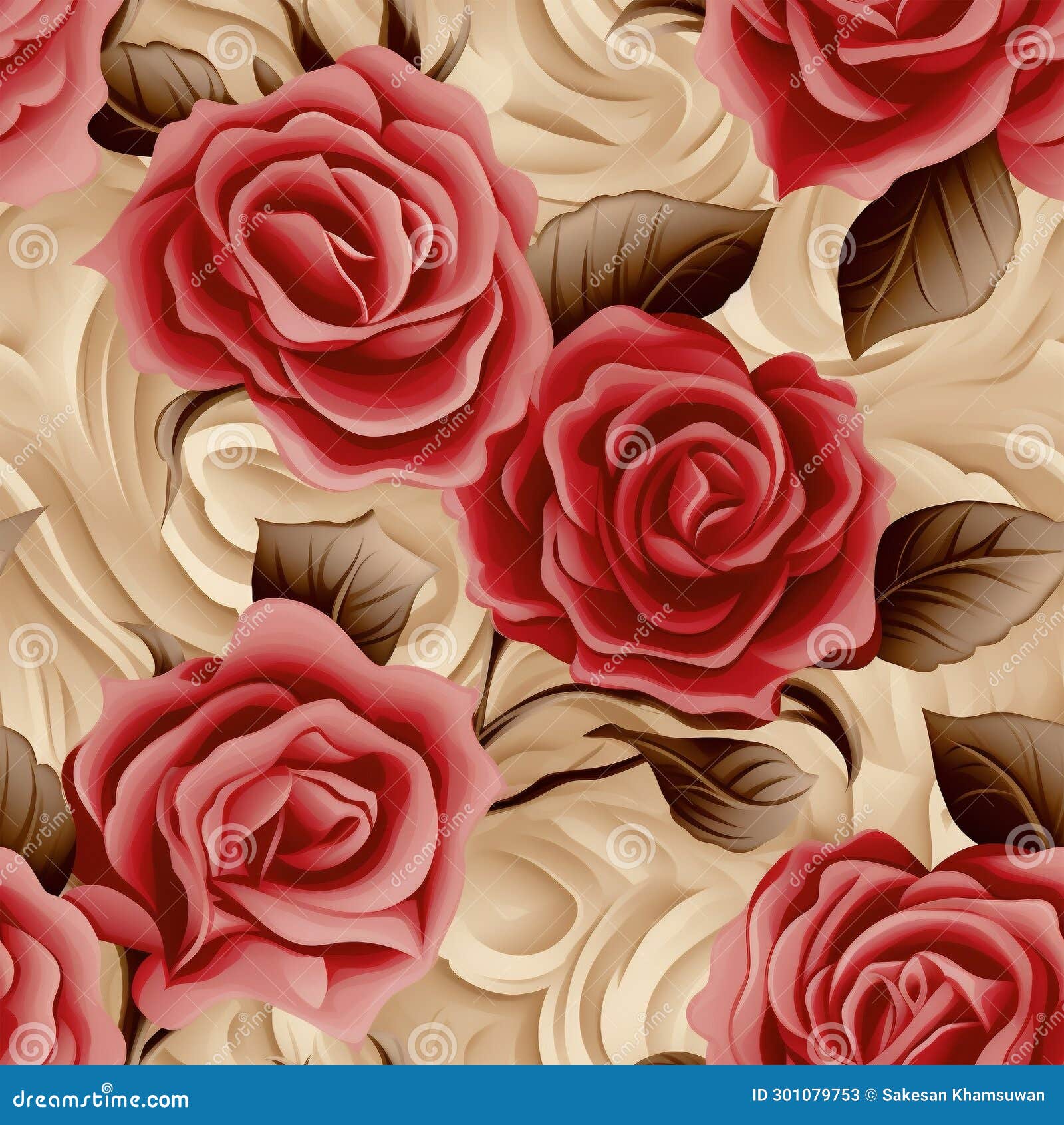 Pink Roses are Painted on Tan Wallpaper in the Style of Seamless ...