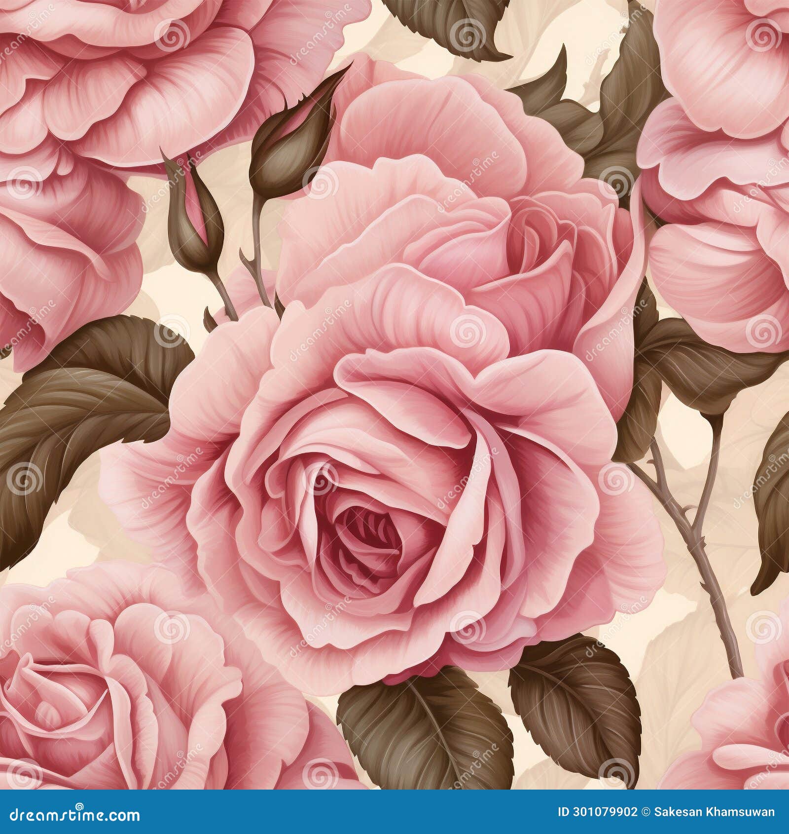 Pink Roses are Painted on Tan Wallpaper in the Style of Seamless ...