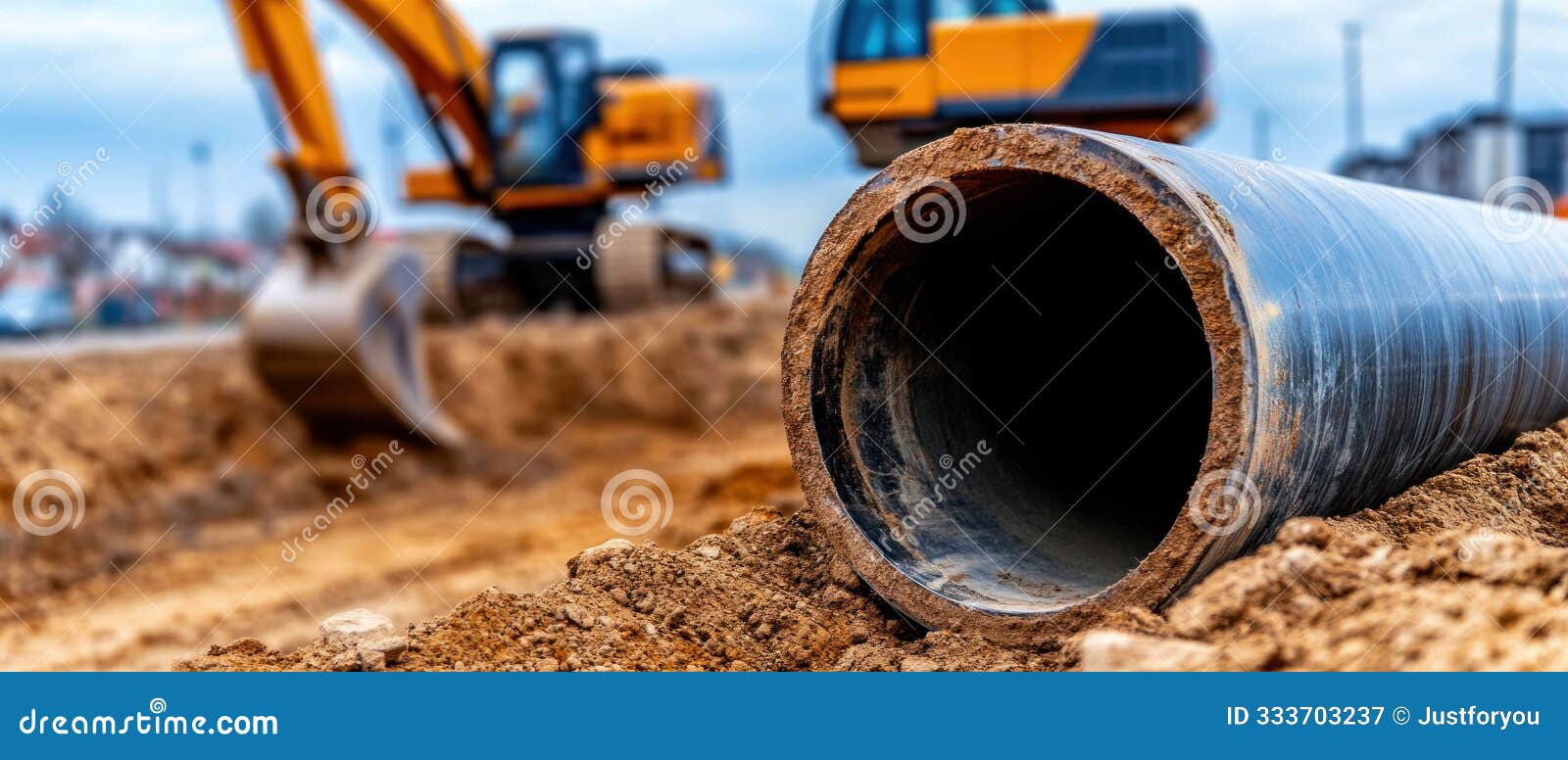 Large Pipe at Construction Site with Excavators Stock Illustration ...