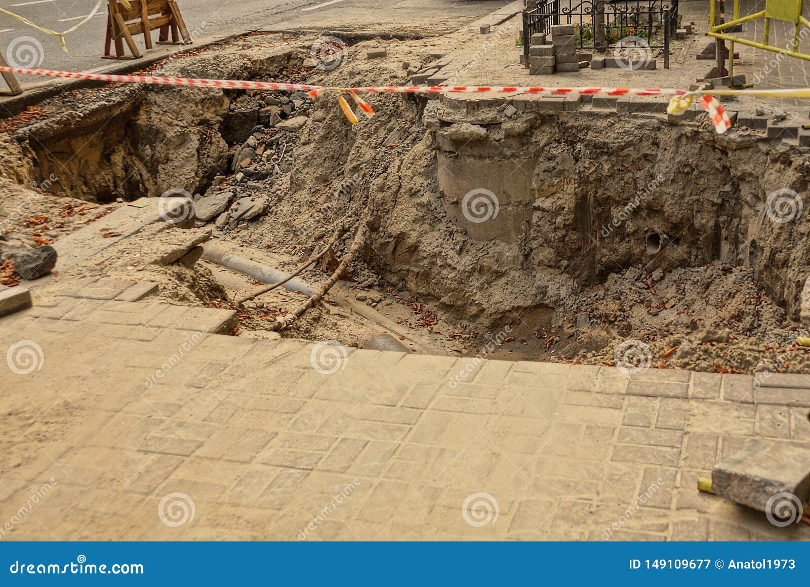 Large Pit on the Sidewalk by the Road Stock Image - Image of city ...