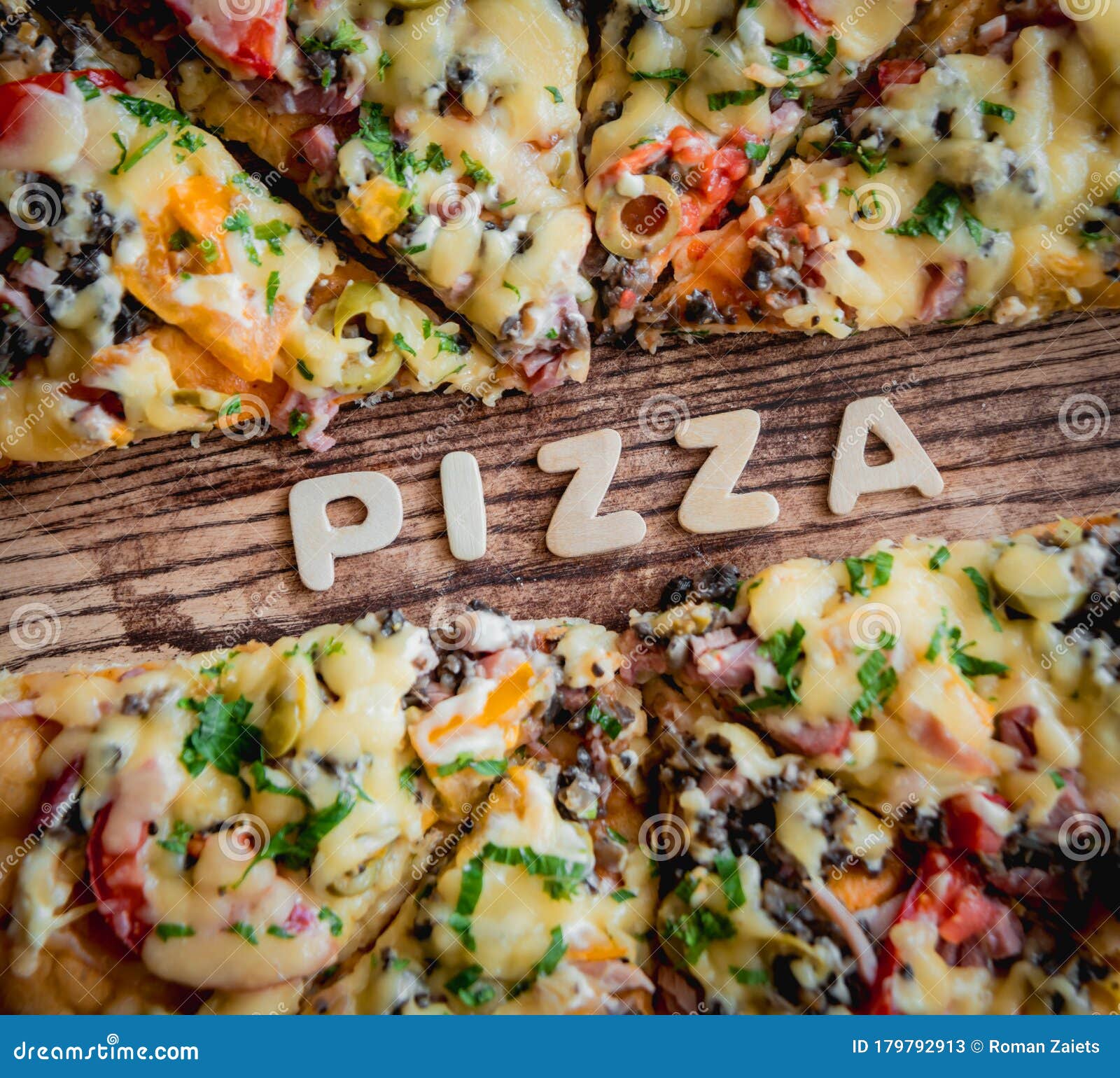 Large Pizza on a Wooden Table. Restaurant. Stock Image - Image of ...