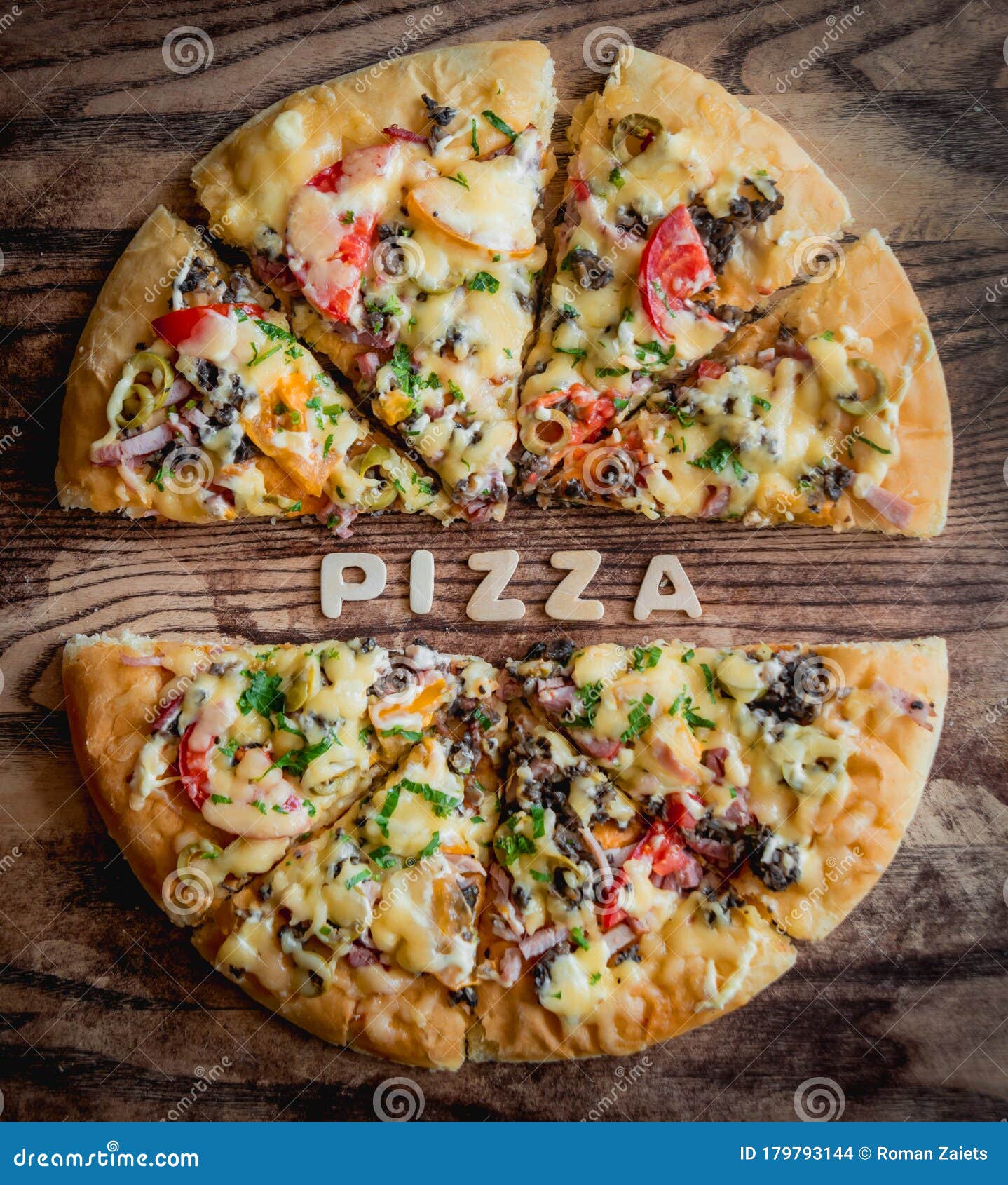 Large Pizza on a Wooden Table. Restaurant. Stock Photo - Image of ...