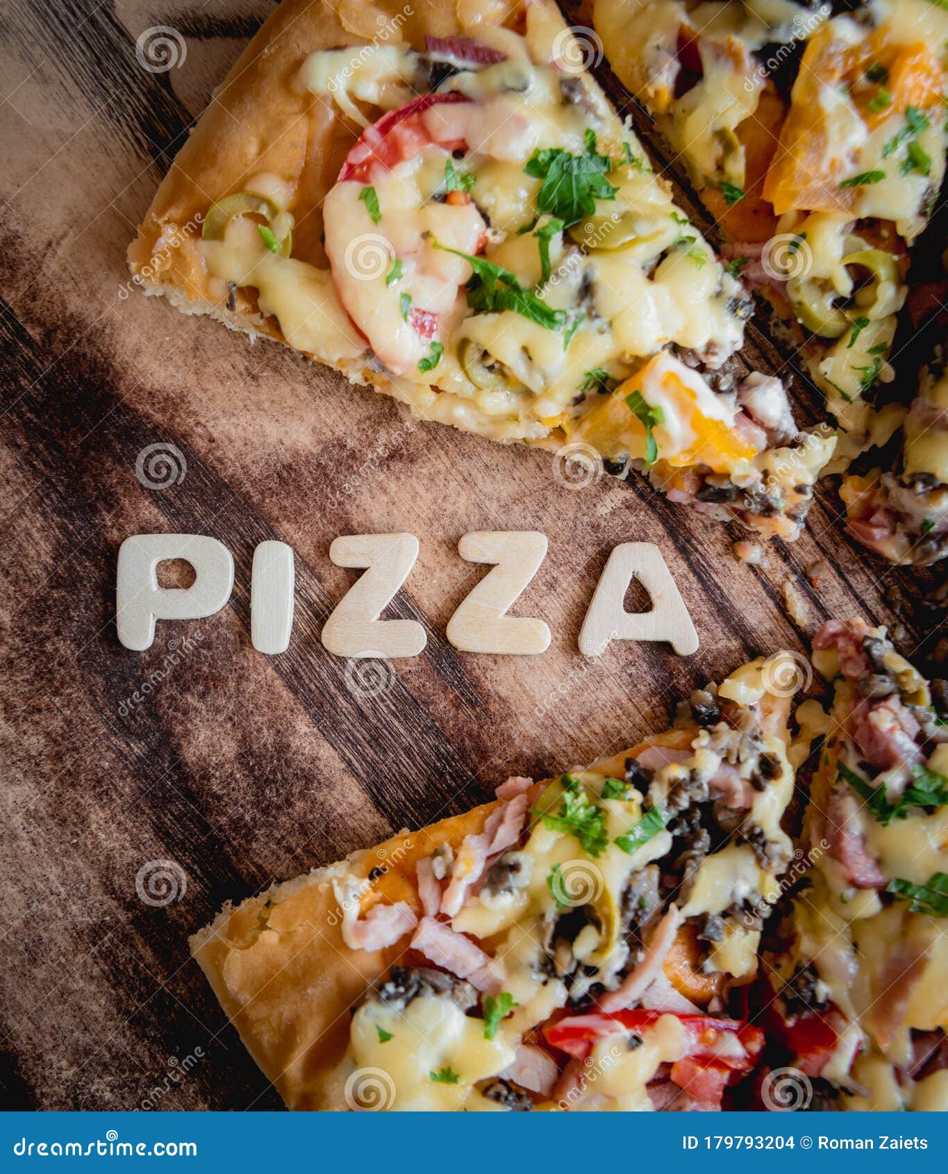 Large Pizza on a Wooden Table. Restaurant. Stock Photo - Image of ...