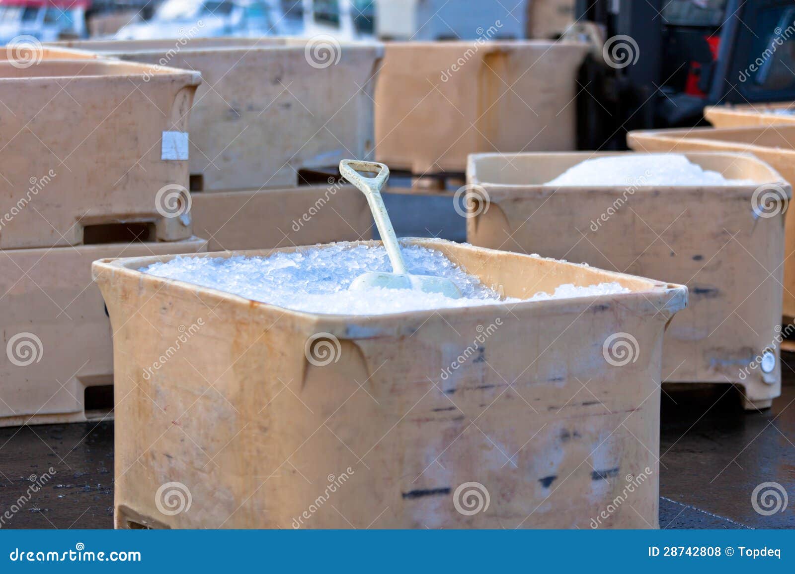 Large Plastic Fishing Containers with Ice in Harbor Stock Photo - Image ...