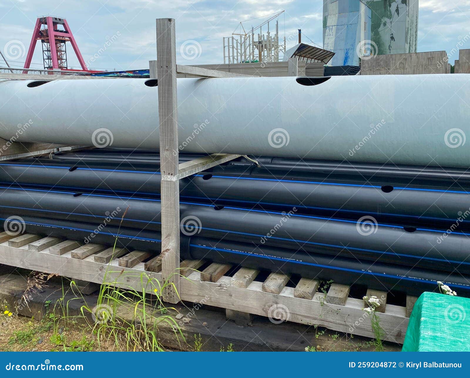 Large Plastic Pipes of Large Diameter with Flanges in an Open-air ...