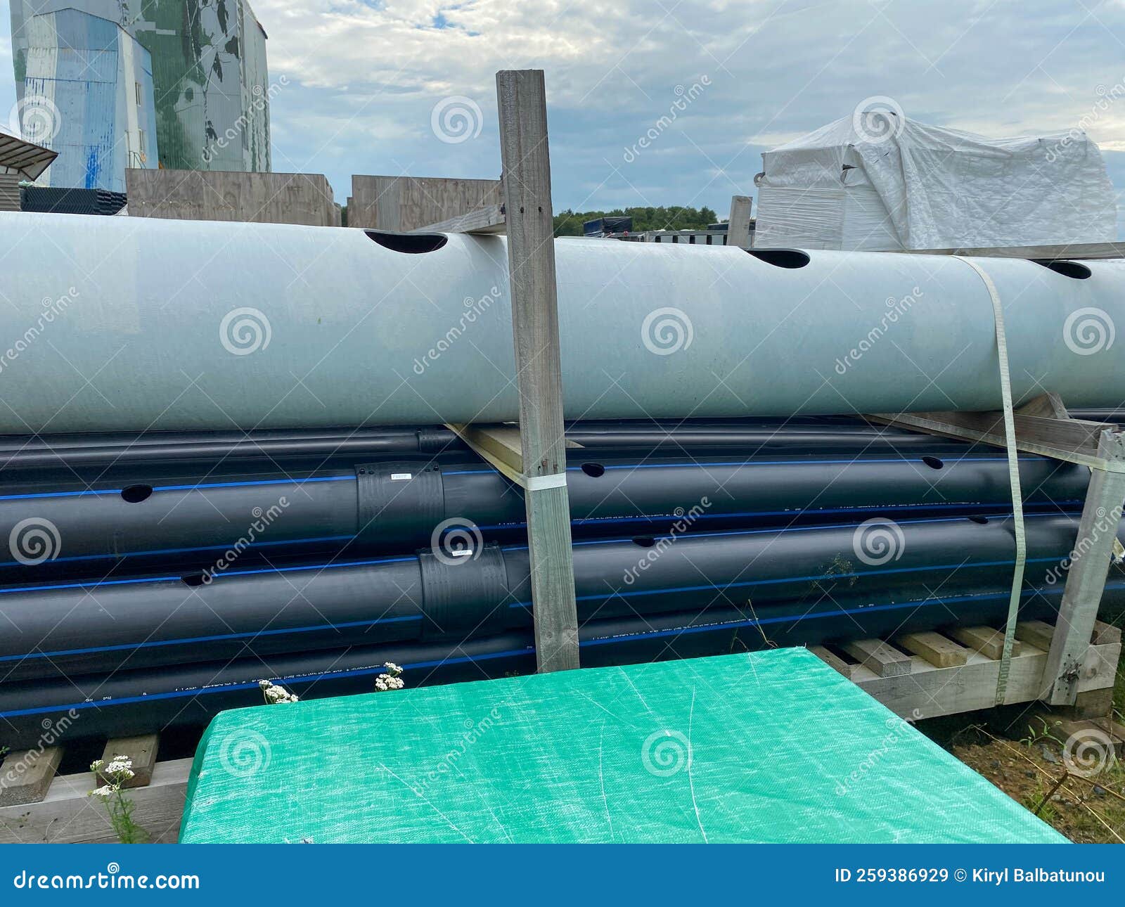 Large Plastic Pipes of Large Diameter with Flanges in an Open-air ...