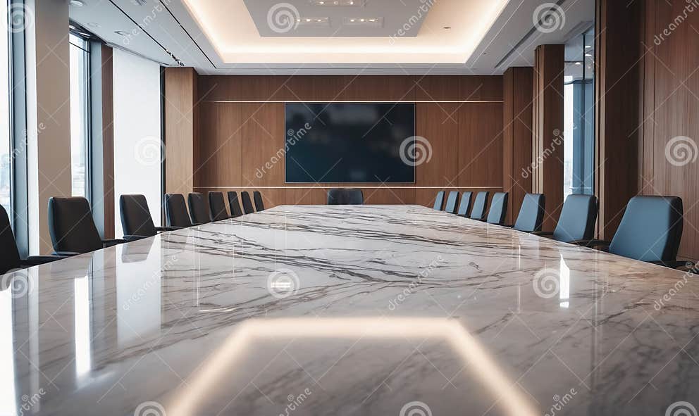A Large, Polished Marble Conference Table in a Modern Office Space with ...