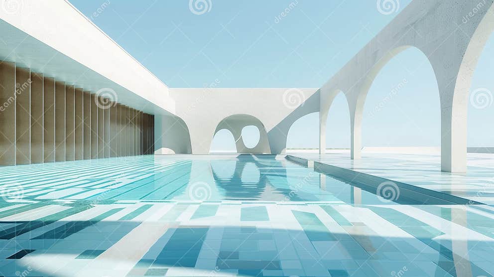 A Large Pool with a White Archway Stock Photo - Image of recreation ...