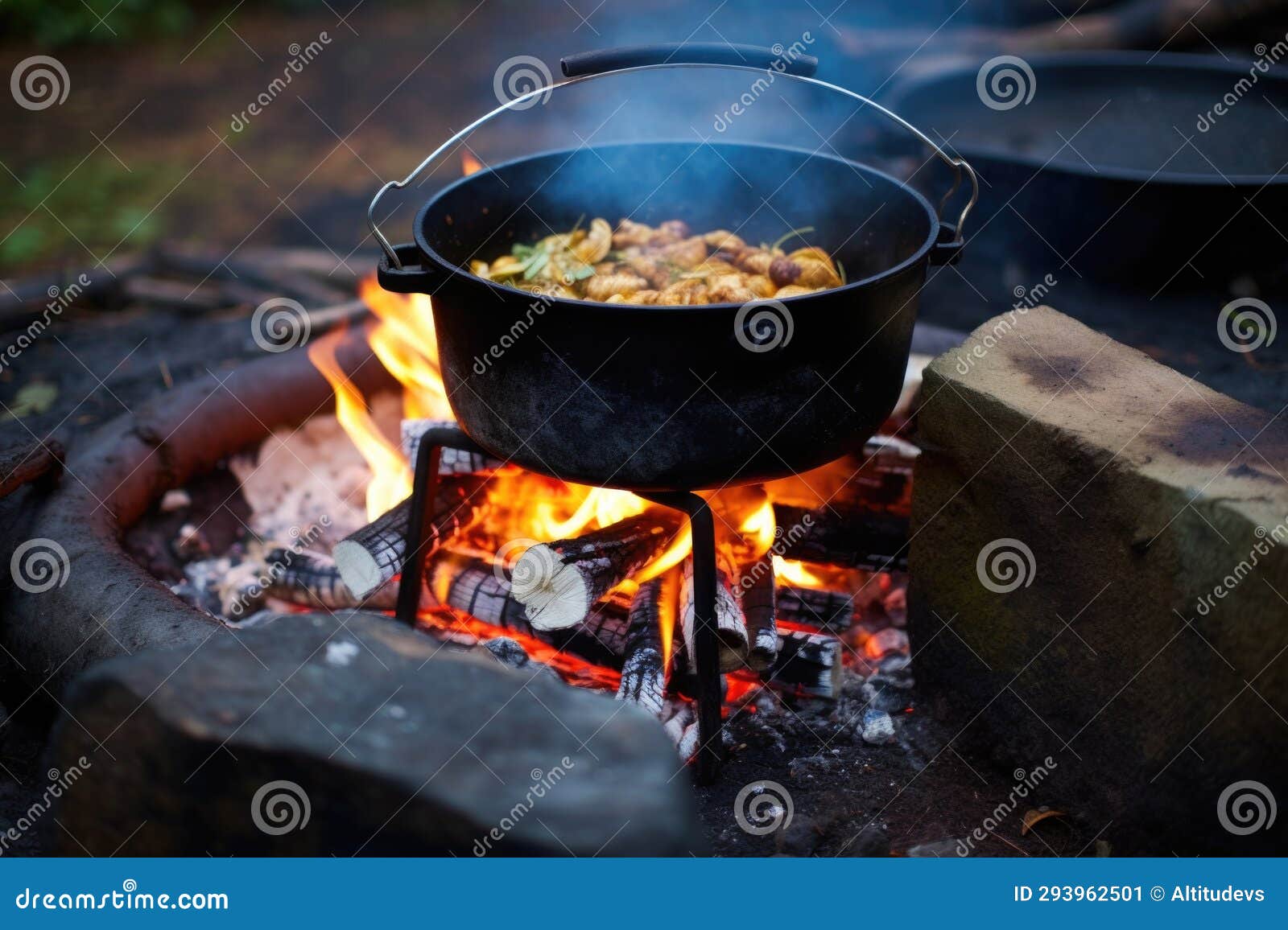 A Large Pot Cooking Meal on an Open Campfire Stock Image - Image of ...