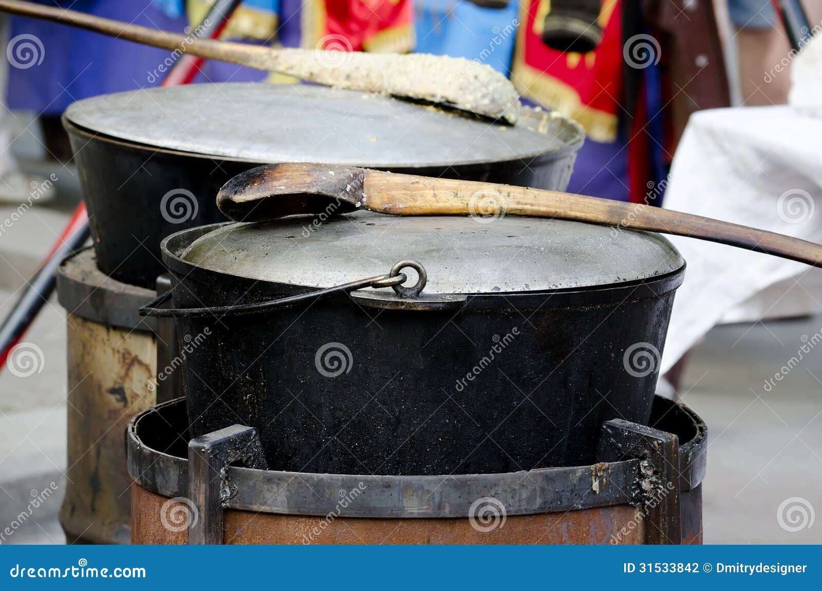 Large Pots for Cooking Outdoors Stock Photo - Image of ladle, dishes ...