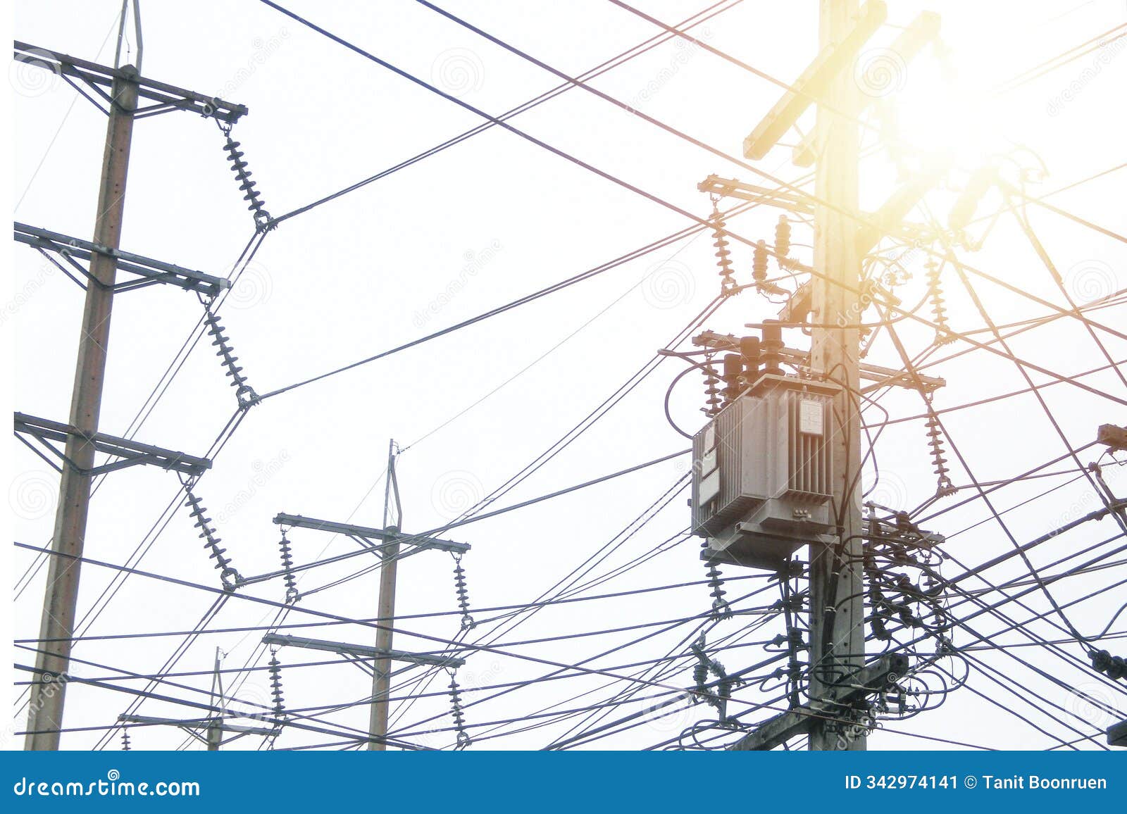 Large Power Transformers Mounted on Poles Stock Image - Image of blue ...