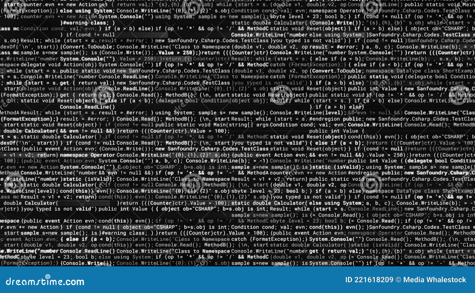 Large Program Text on Black Background. Animation. Real Program Text with Many Encodings and ...