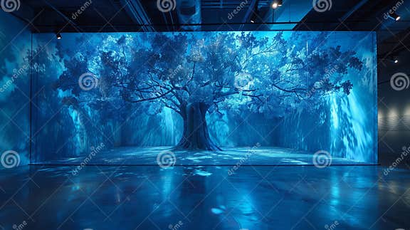 Large Blue Tree Projection in a Modern Gallery Stock Photo - Image of ...
