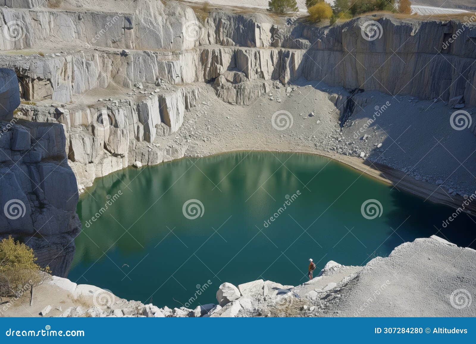 Large Quarry Pit with a Lake at the Bottom and a Person at the Edge ...