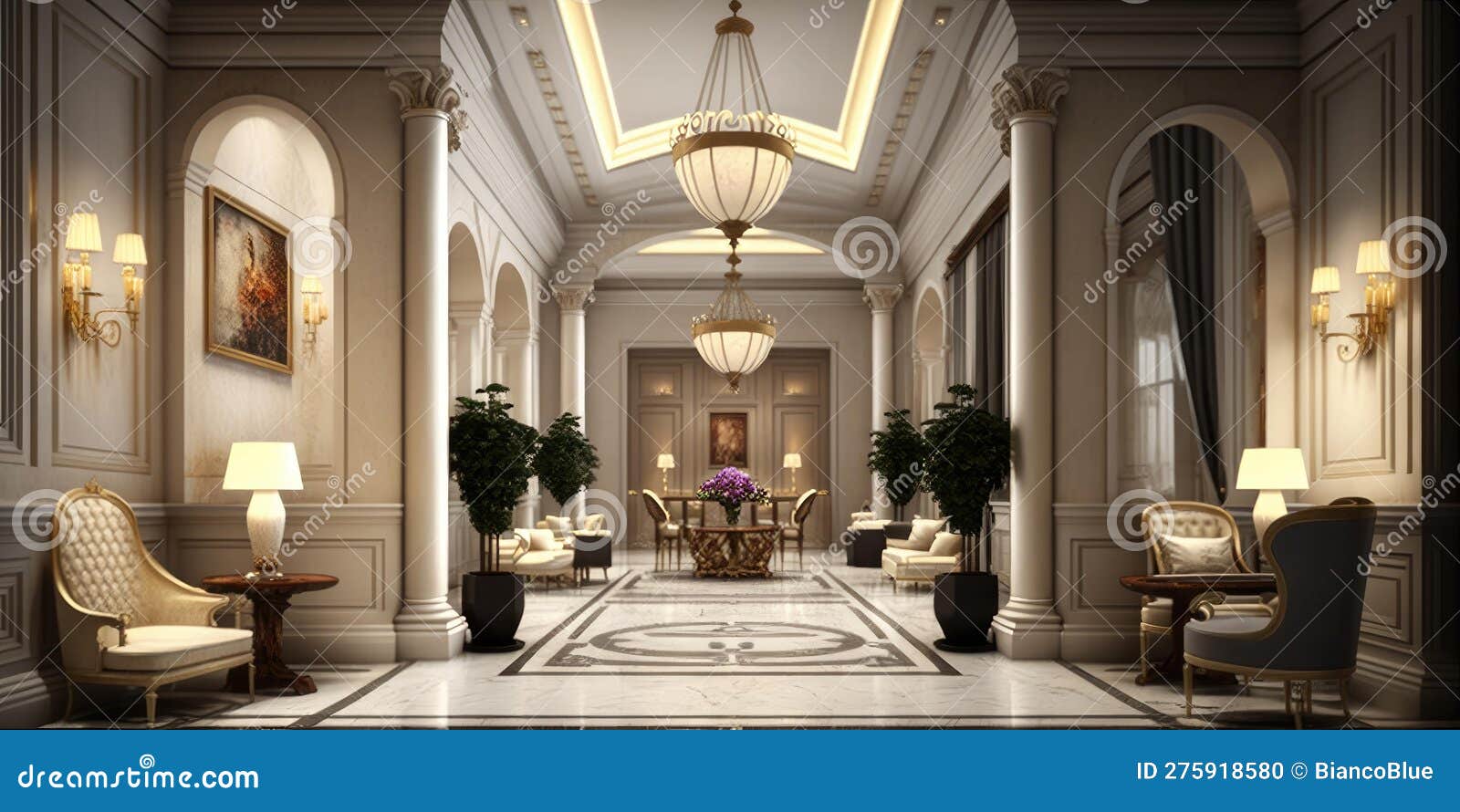 Large Reception Area Lobby of a Luxury Hotel Design Stock Illustration ...