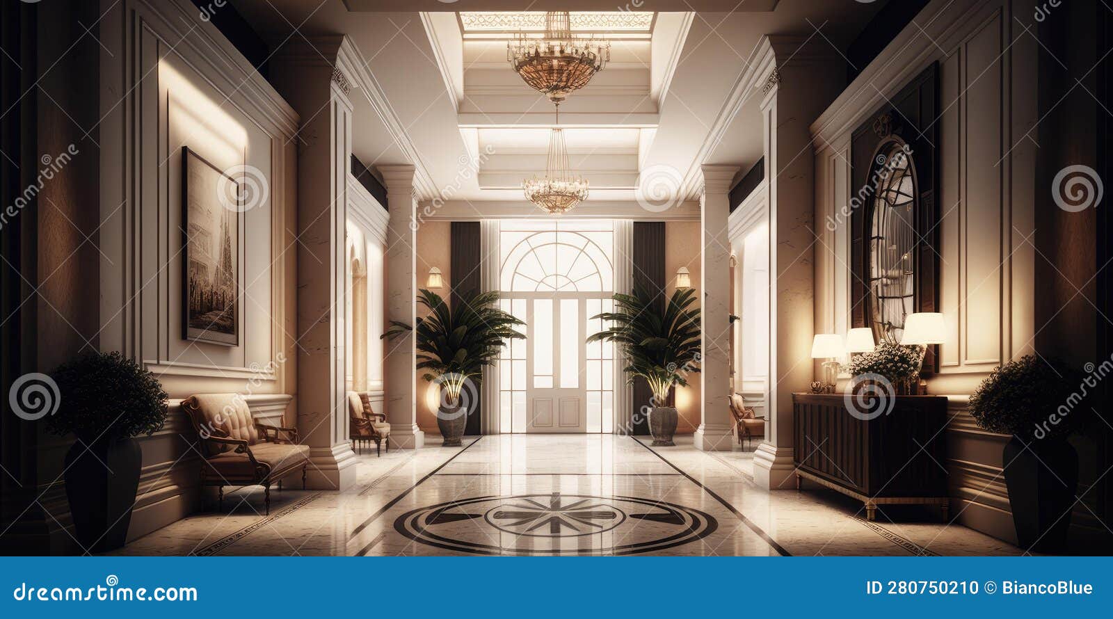 Large Reception Area Lobby of a Luxury Hotel Design Stock Illustration ...