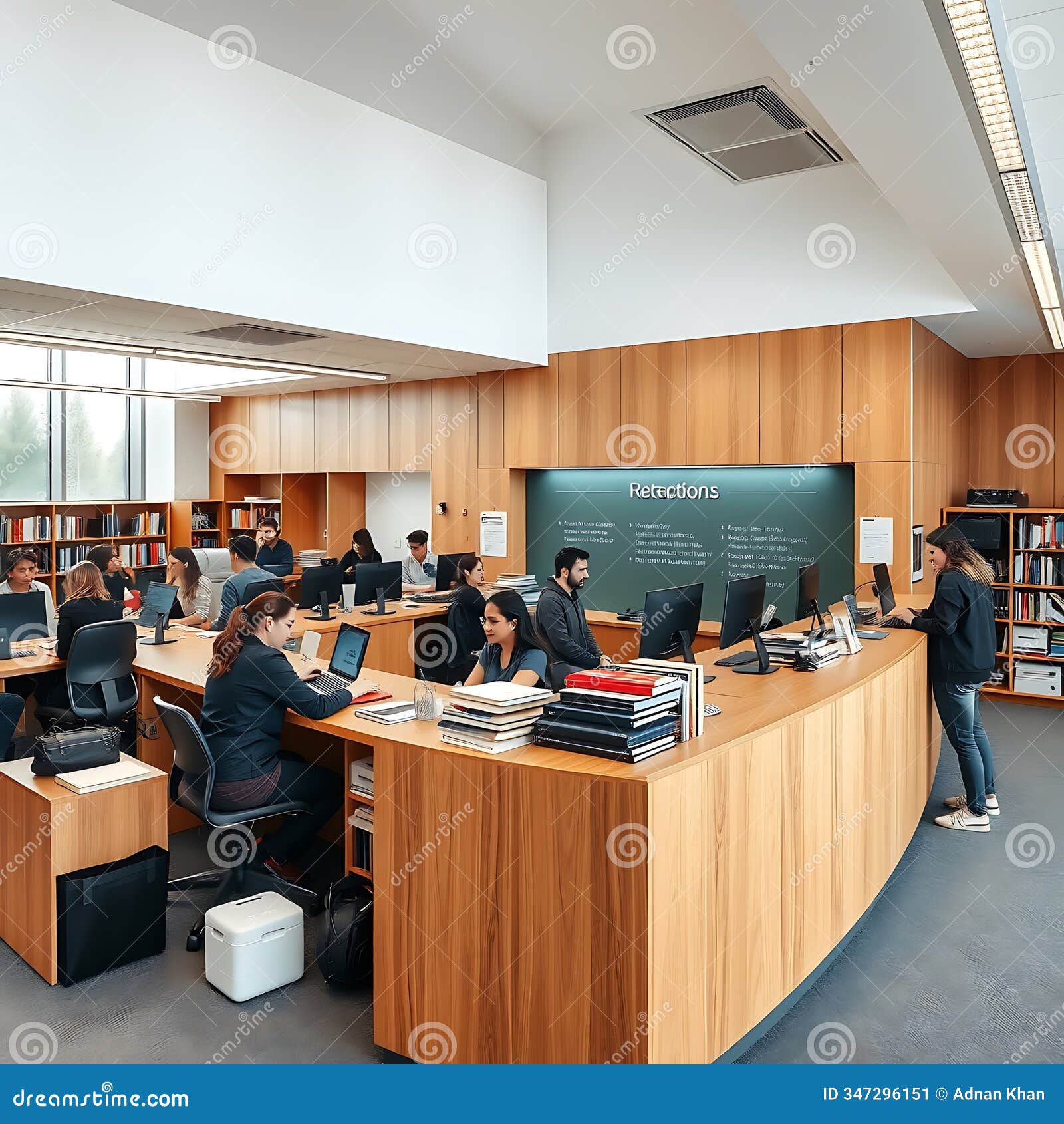 A Large Reception Desk in a Busy University Office with Books Computers ...