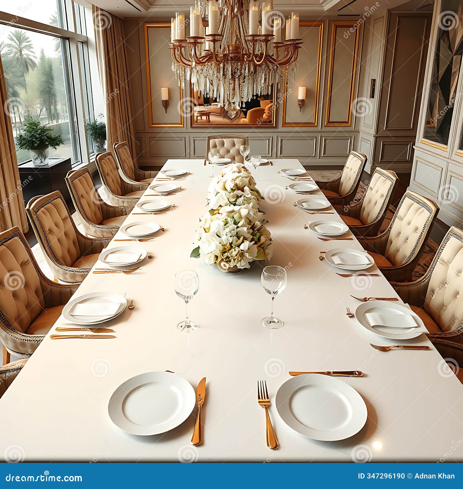 A Large Rectangular Dining Table with a Luxurious Centerpiece Gold ...