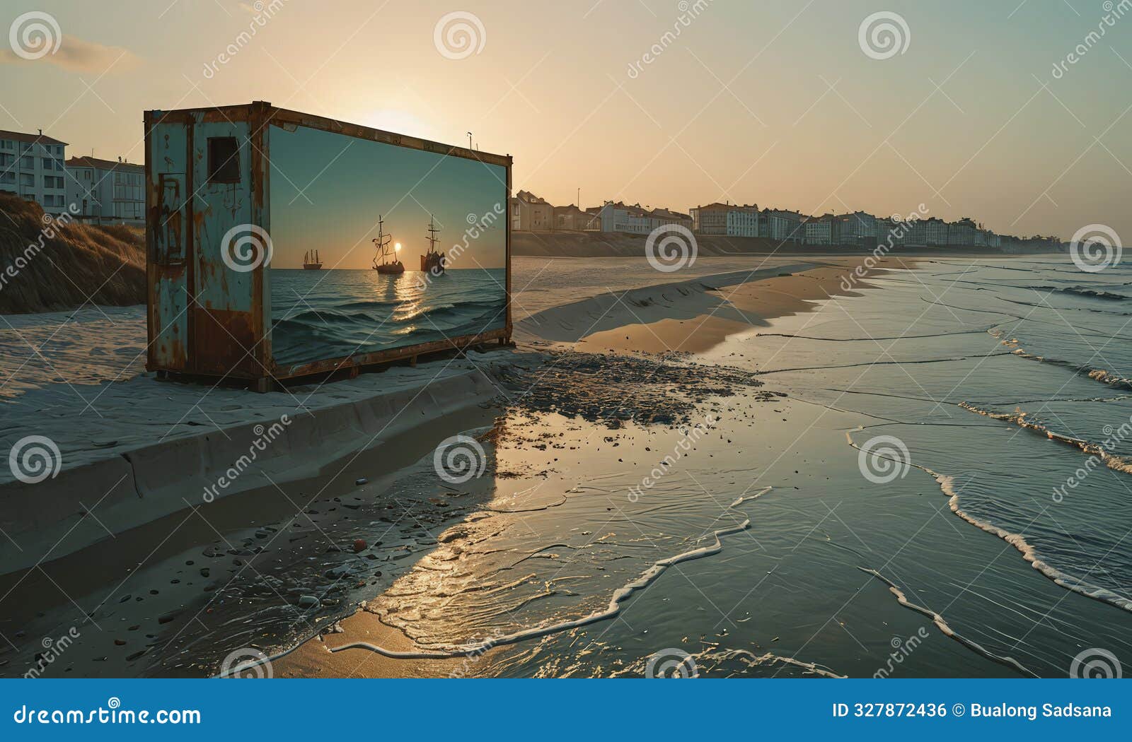 Large, Rectangular Mirror with Blue Frame Reflects the Sunset Over the ...