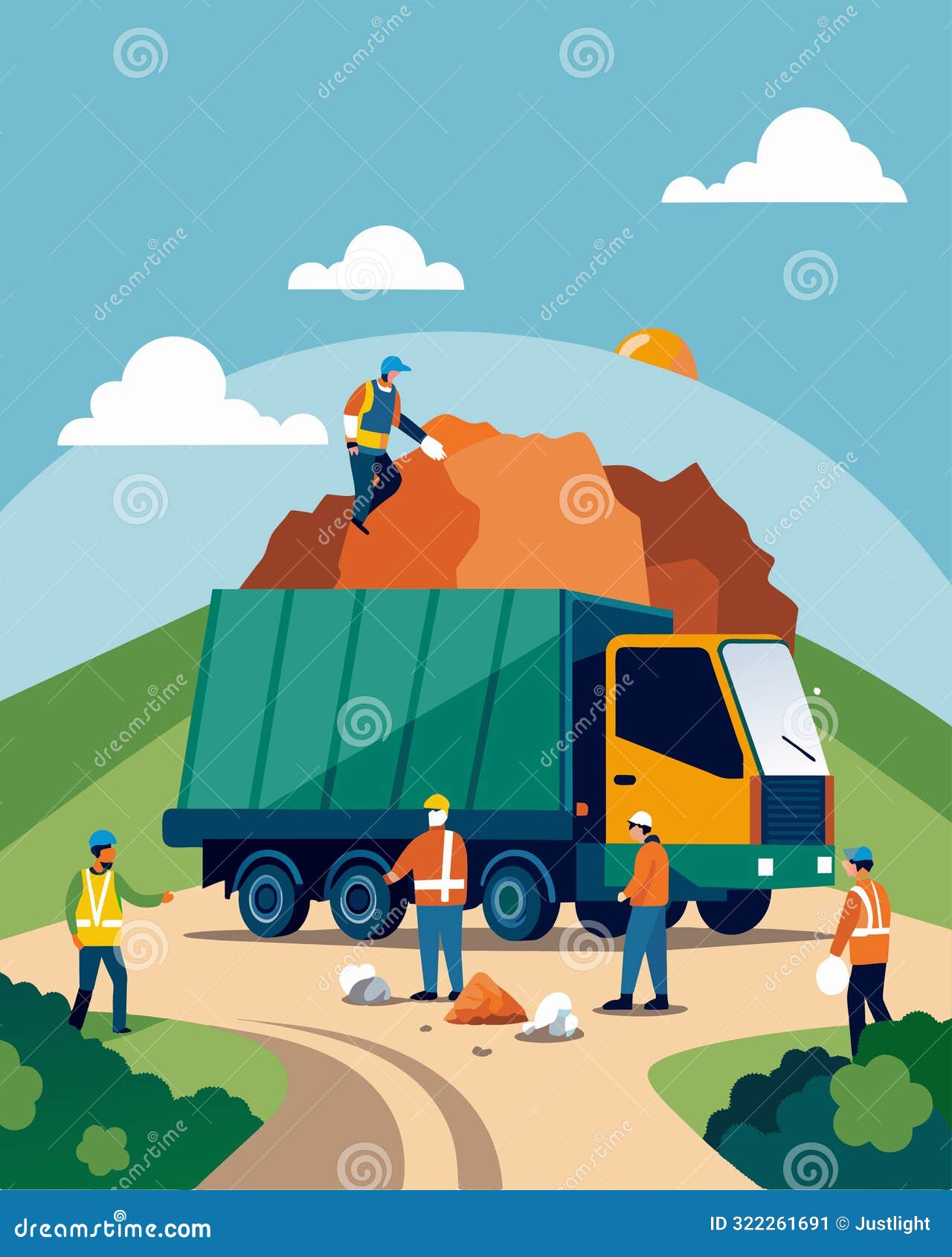 A Large Recycling Truck Pulling Up To a Landfill Site with Workers ...