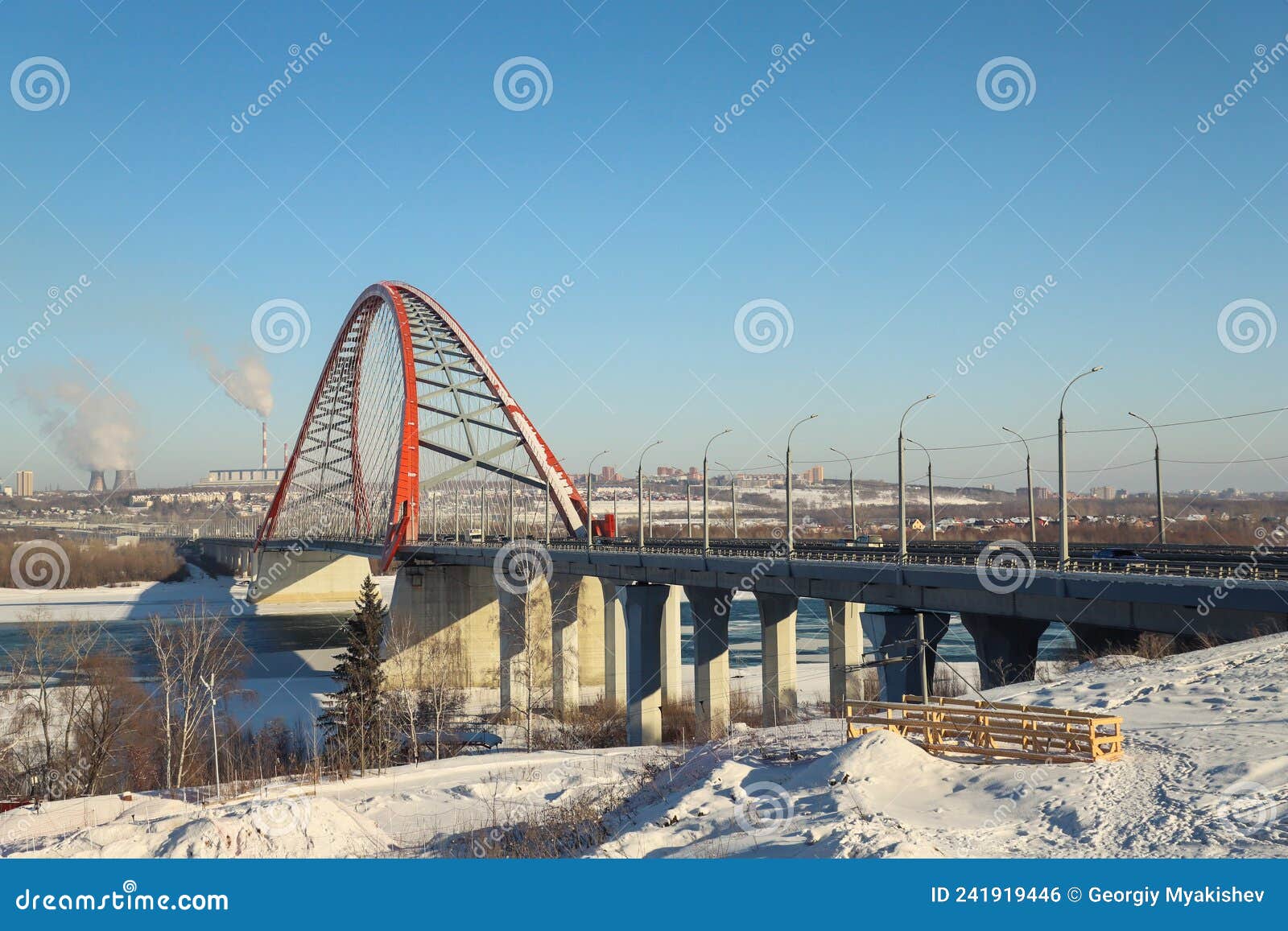 The Large Red Arch Bridge in Winter Stock Photo - Image of close ...