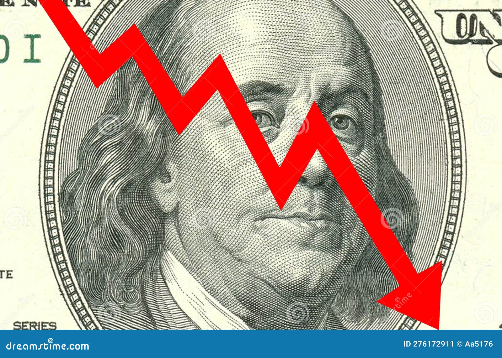 A Large Red Arrow Pointing Down on a 100 Dollar (USD) Bill. Currency ...