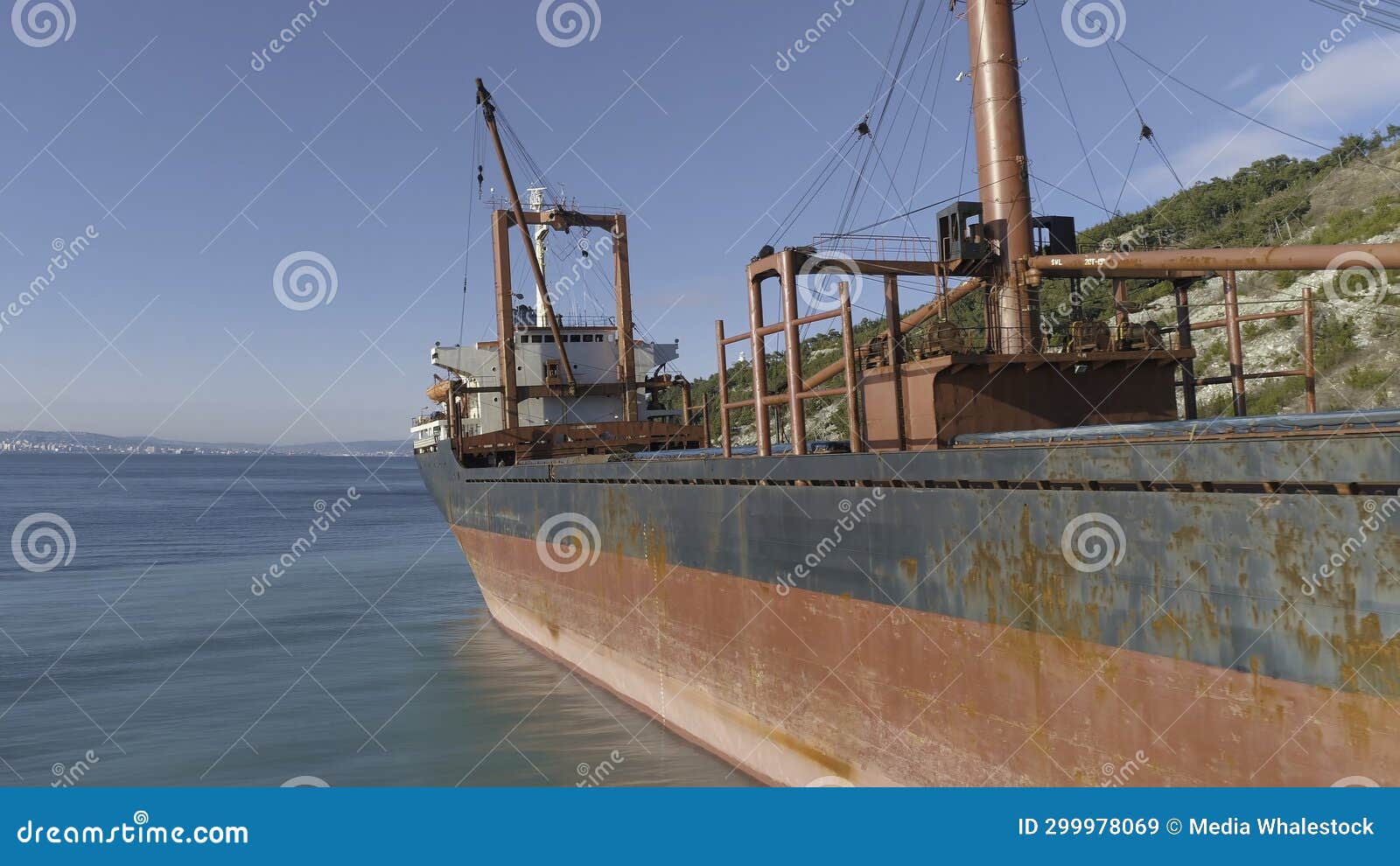 Large Red Container Ship on the Dock Near the Shore. Shot. Close-up ...