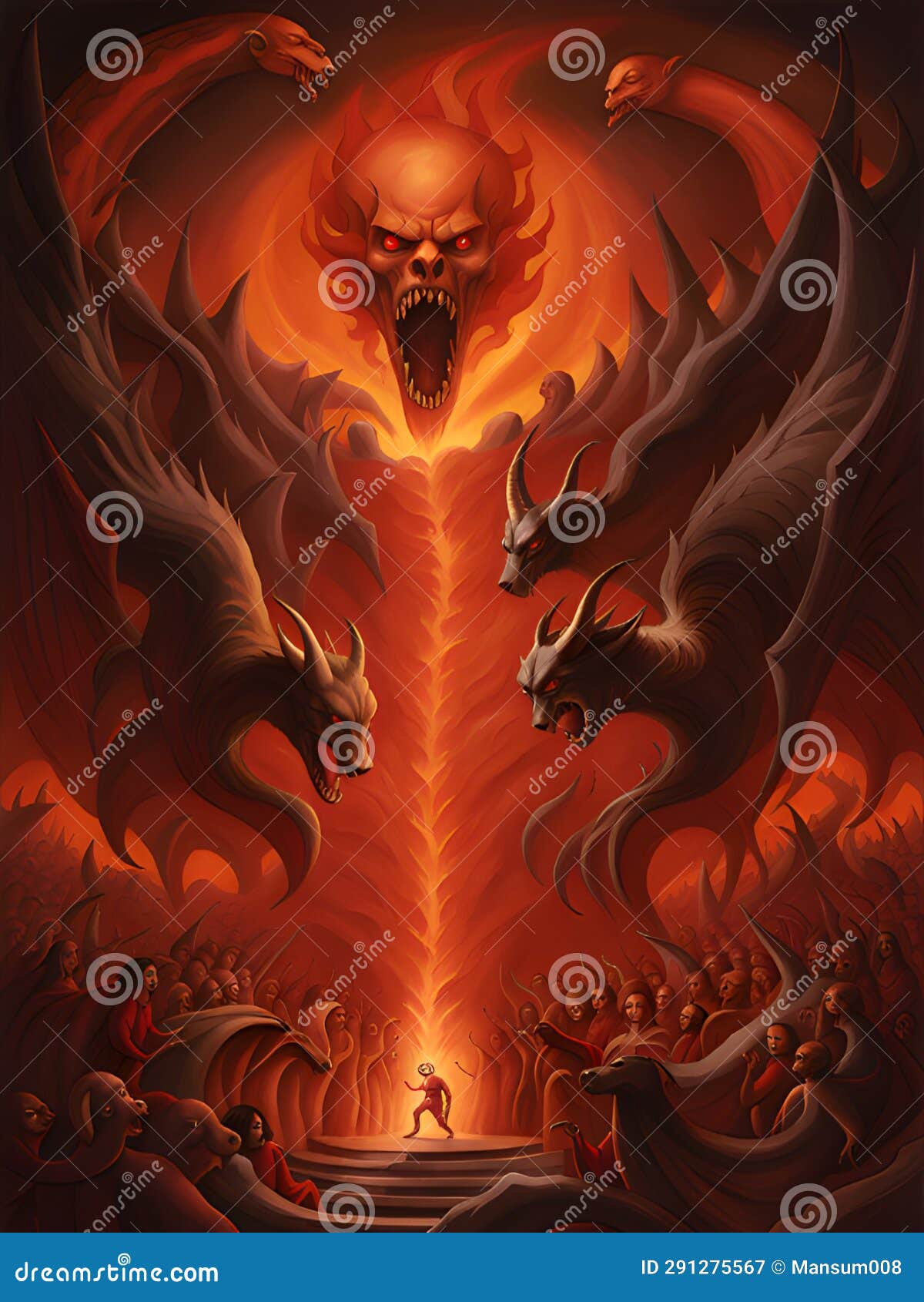 A Large Red Devil is Coming from His Back, Hell View Stock Illustration ...
