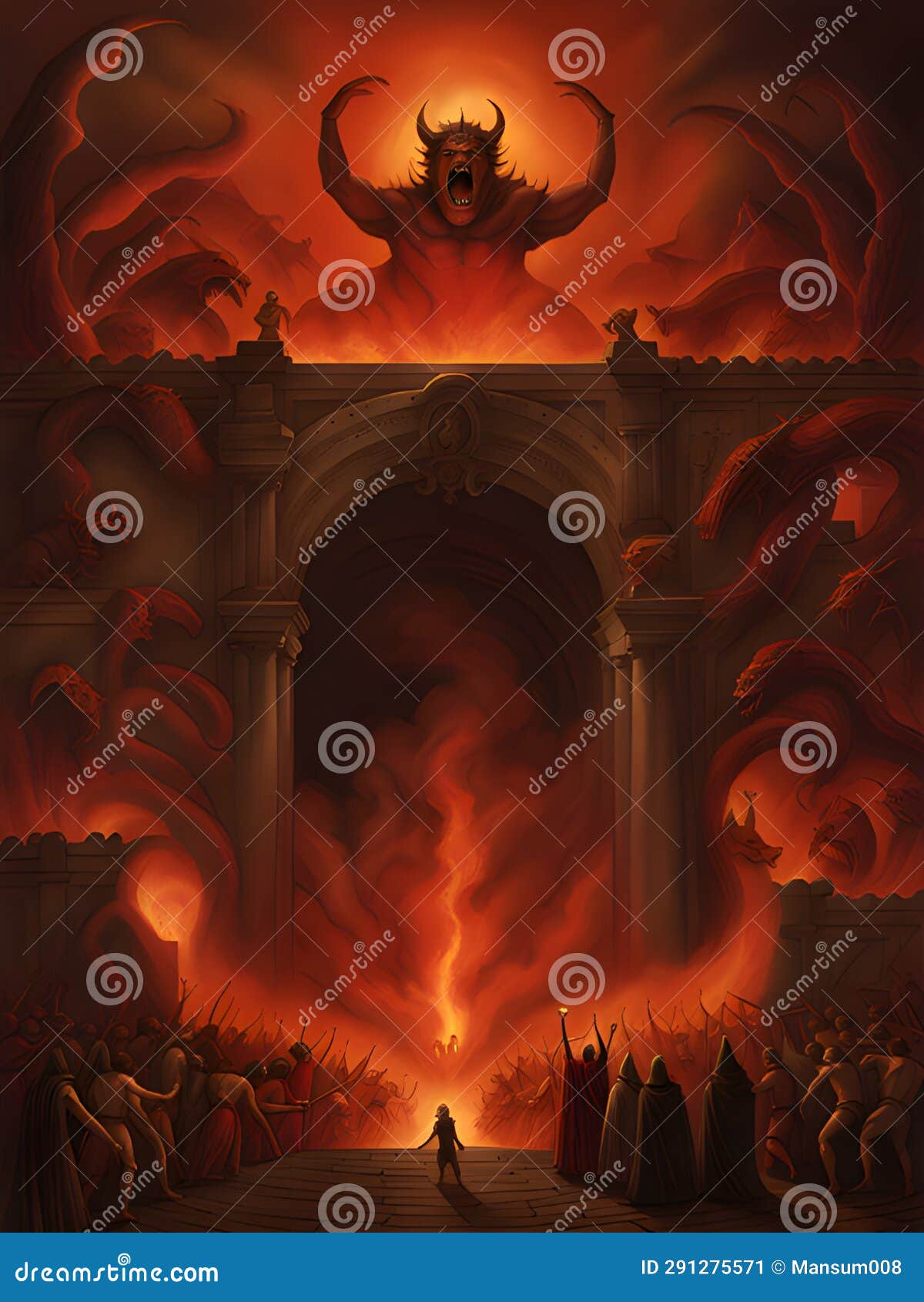 A Large Red Devil is Coming from His Back, Hell View Stock Illustration ...