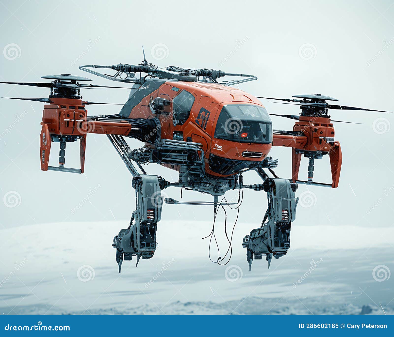 Large Red Helicopter Flying in the Sky with a Sensor Array and R Stock ...
