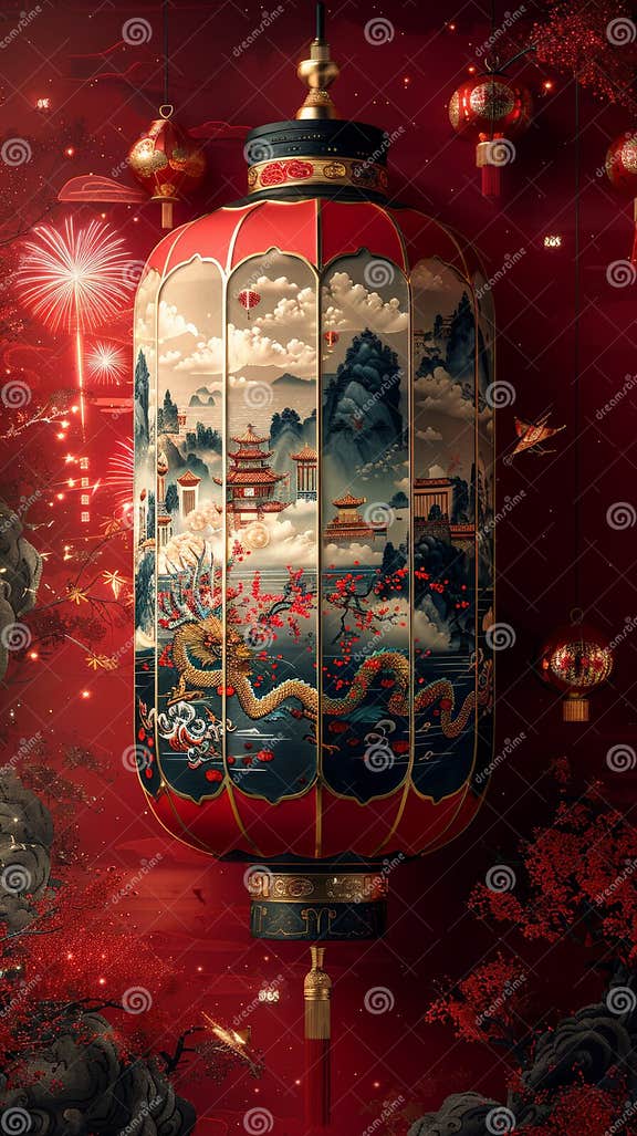 A Large Red Lantern on a Red Background Stock Illustration ...