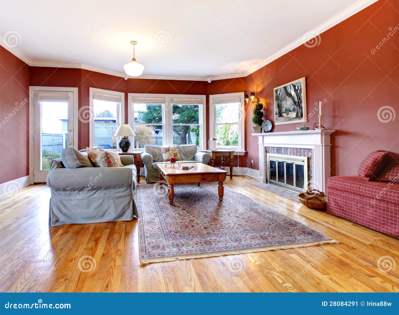 Large Red Living Room and Fireplace. Stock Image - Image of ...