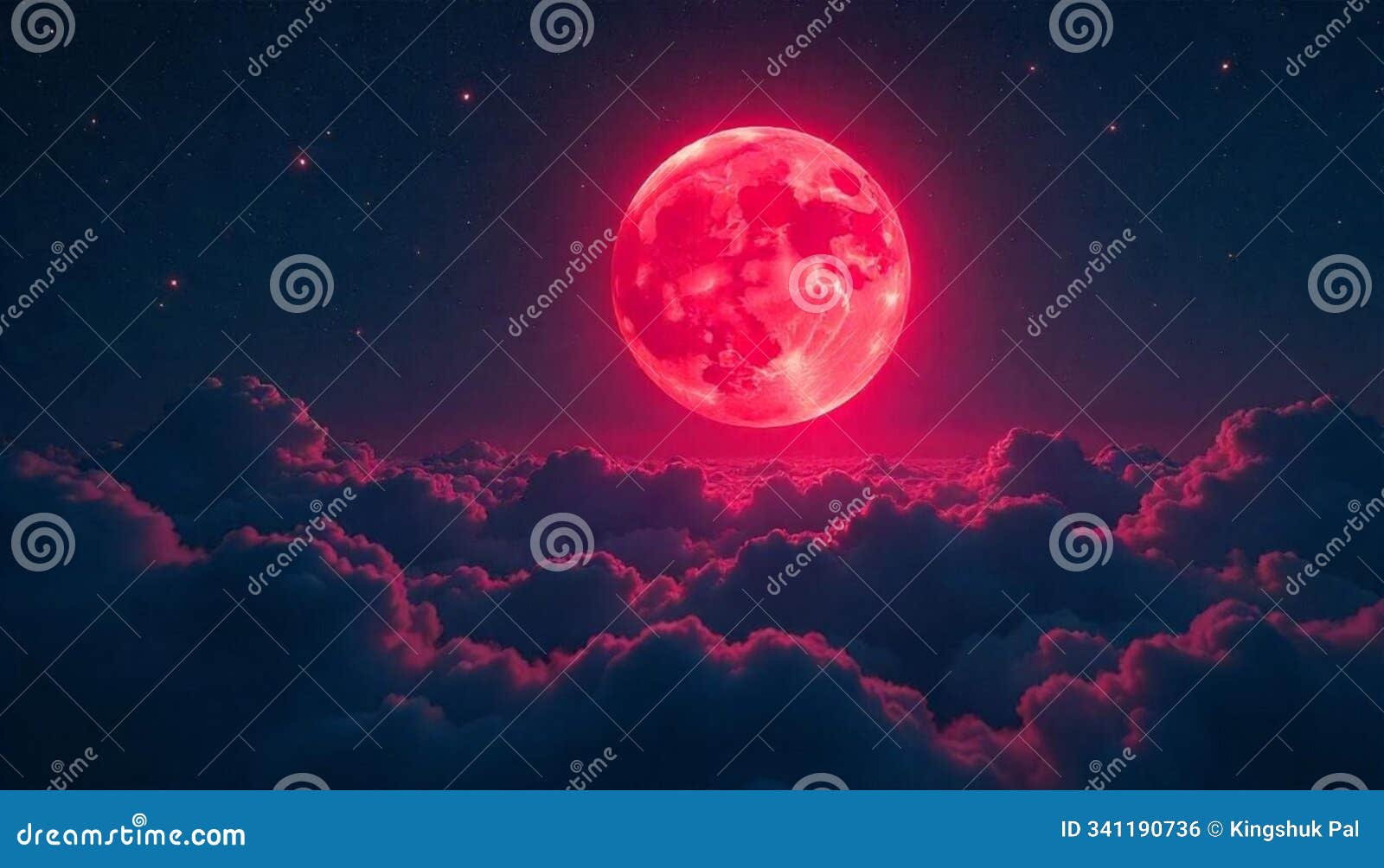 A Large Red Moon in a Night Sky with Dark Clouds and Twinkling Stars ...
