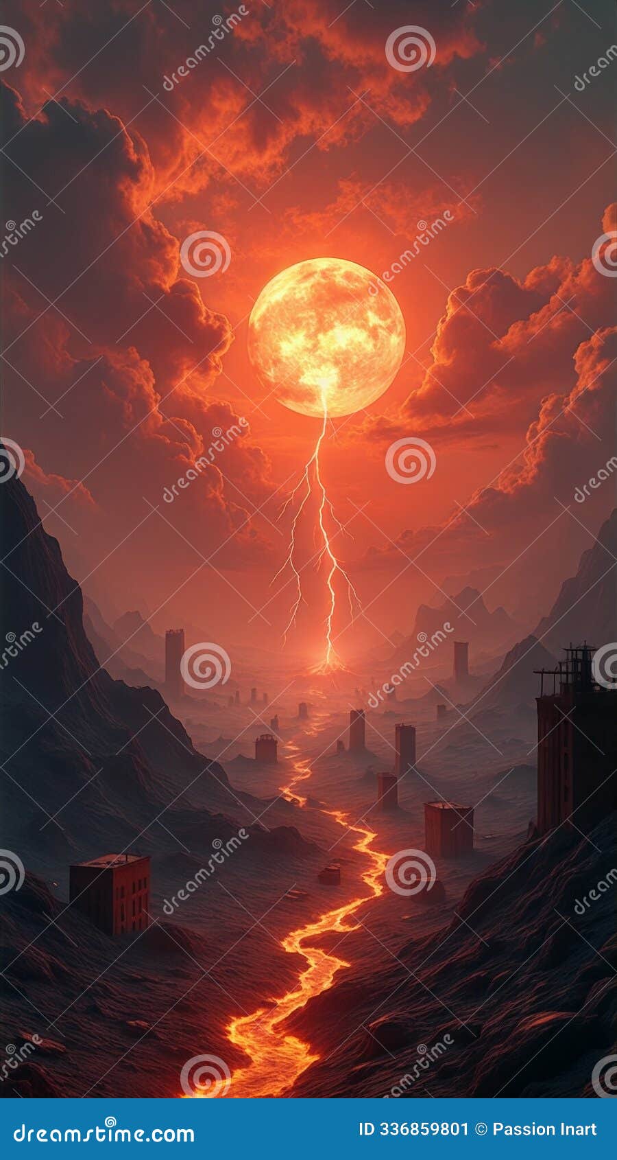 Large Red Moon is in the Sky Above a Lava Flow Stock Illustration ...