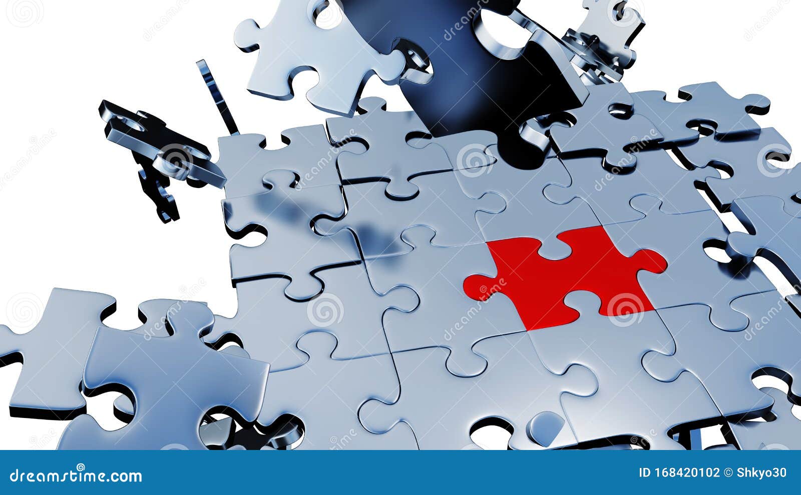Large Red Piece of Puzzle Inserted between Several Silver Puzzle Pieces ...