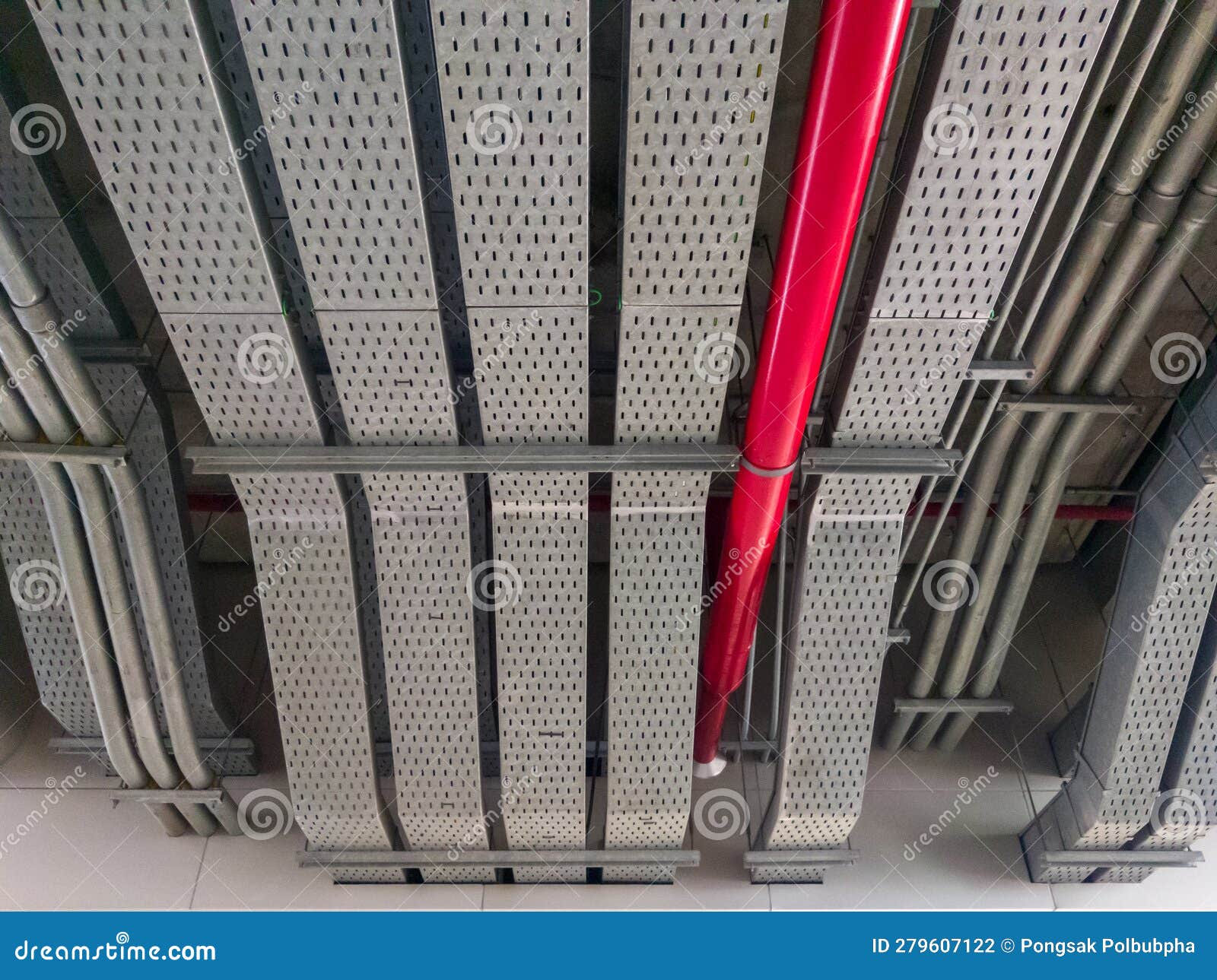 The Large Red Pipe of the Fire Protection System is Hanging on the ...