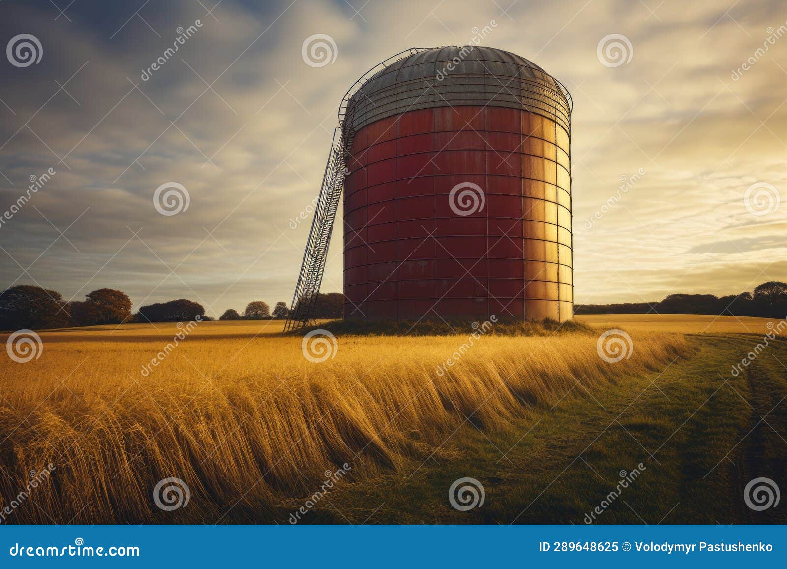 Large Red Silo in Field of Wheat at Sunset. Generative AI Stock ...