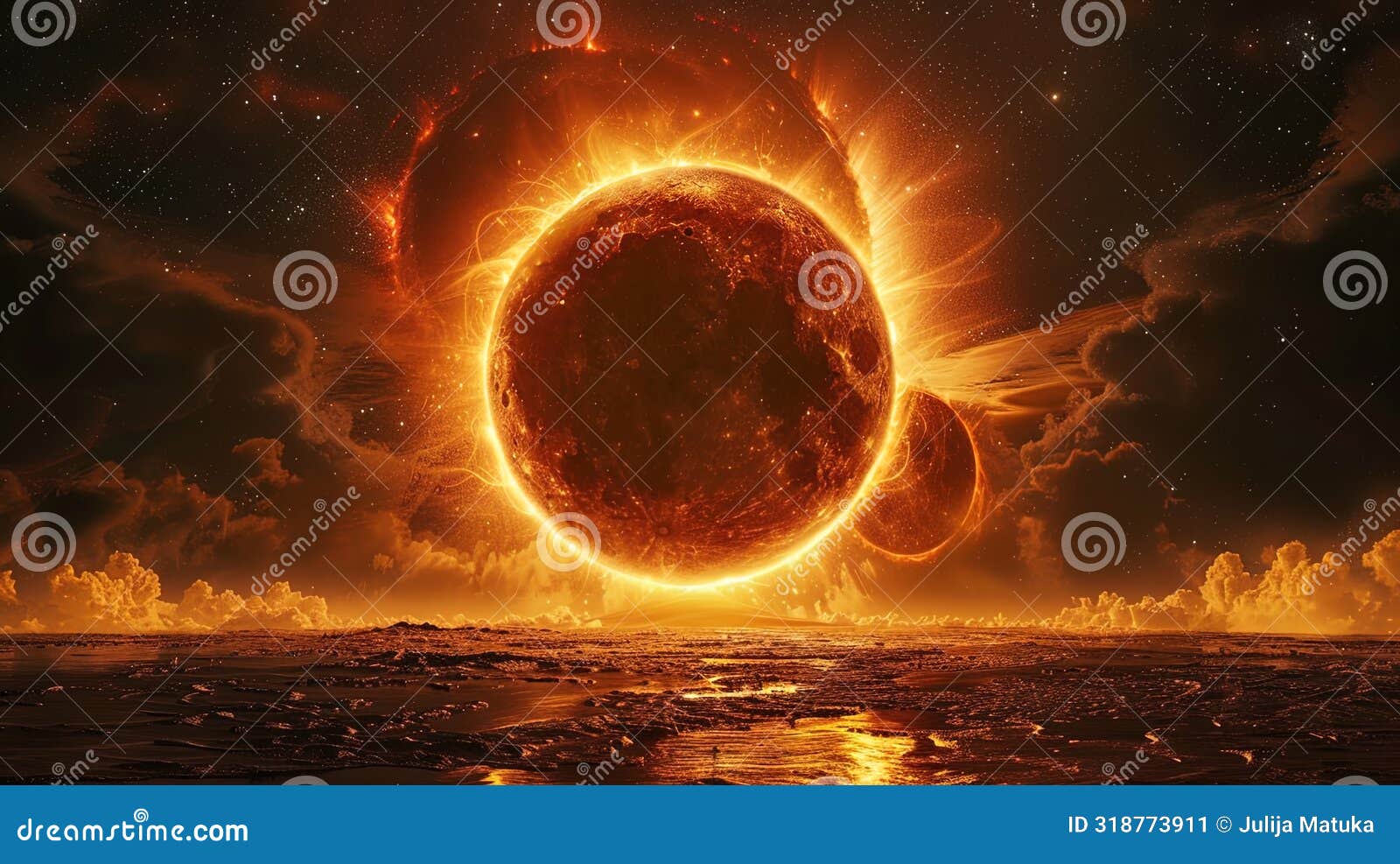 A Large Red Sun is in the Center of the Image, Surrounded by a Dark Sky ...