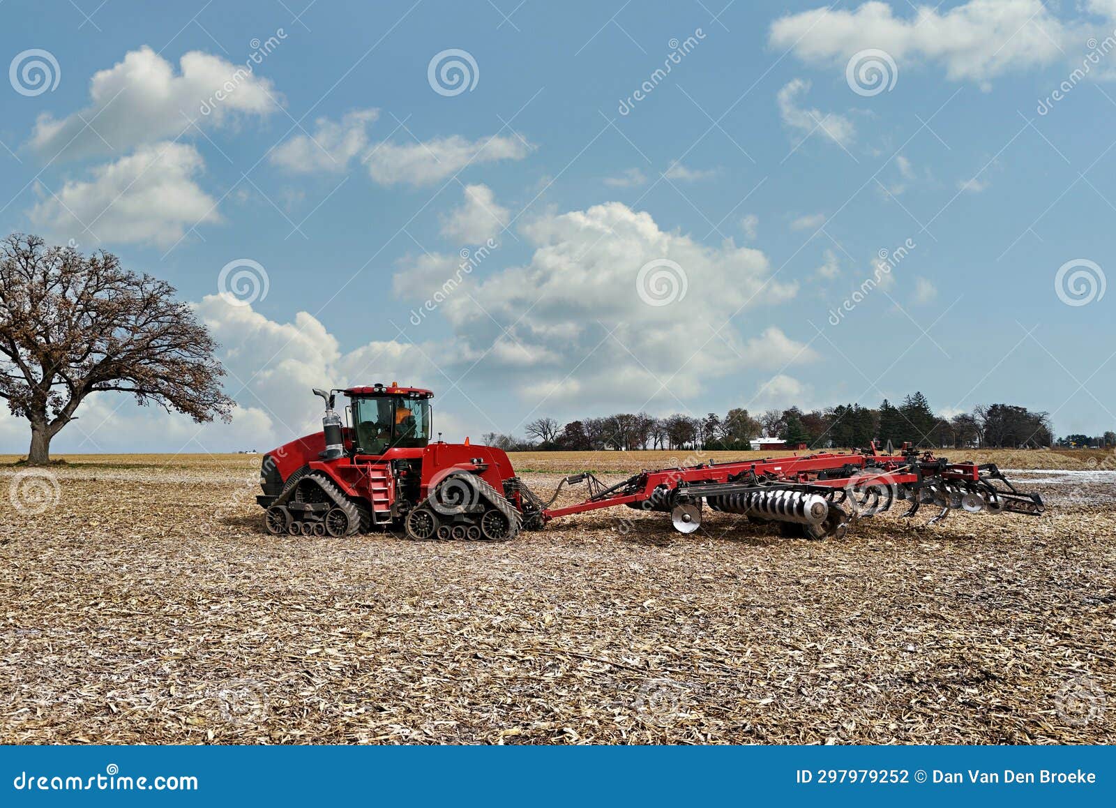 Large Red Tracked Tractor Getting Ready To Cultivate a Field with a ...